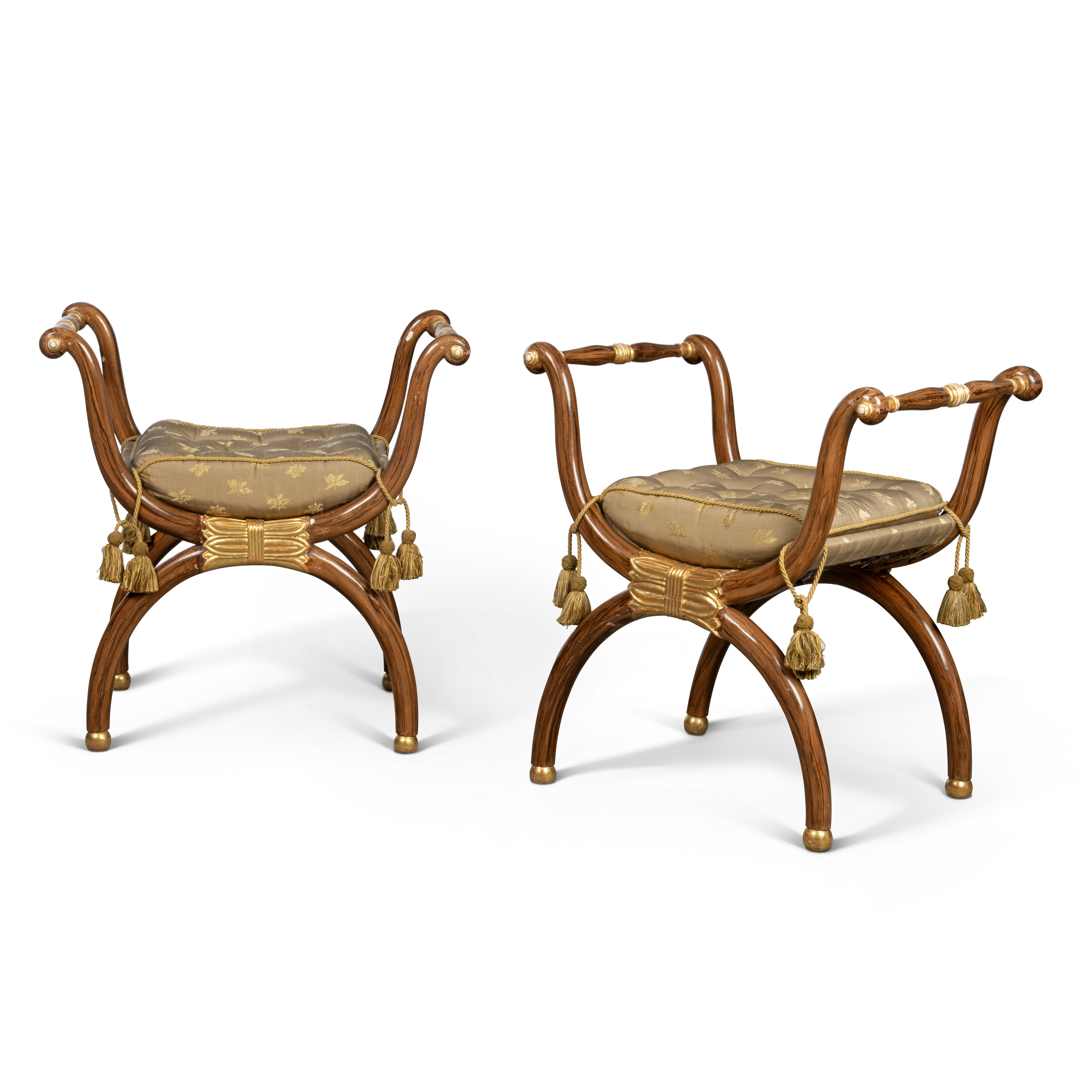 A PAIR OF REGENCY SIMULATED-ROSEWOOD AND PARCEL-GILT X-SHAPED STOOLS ...