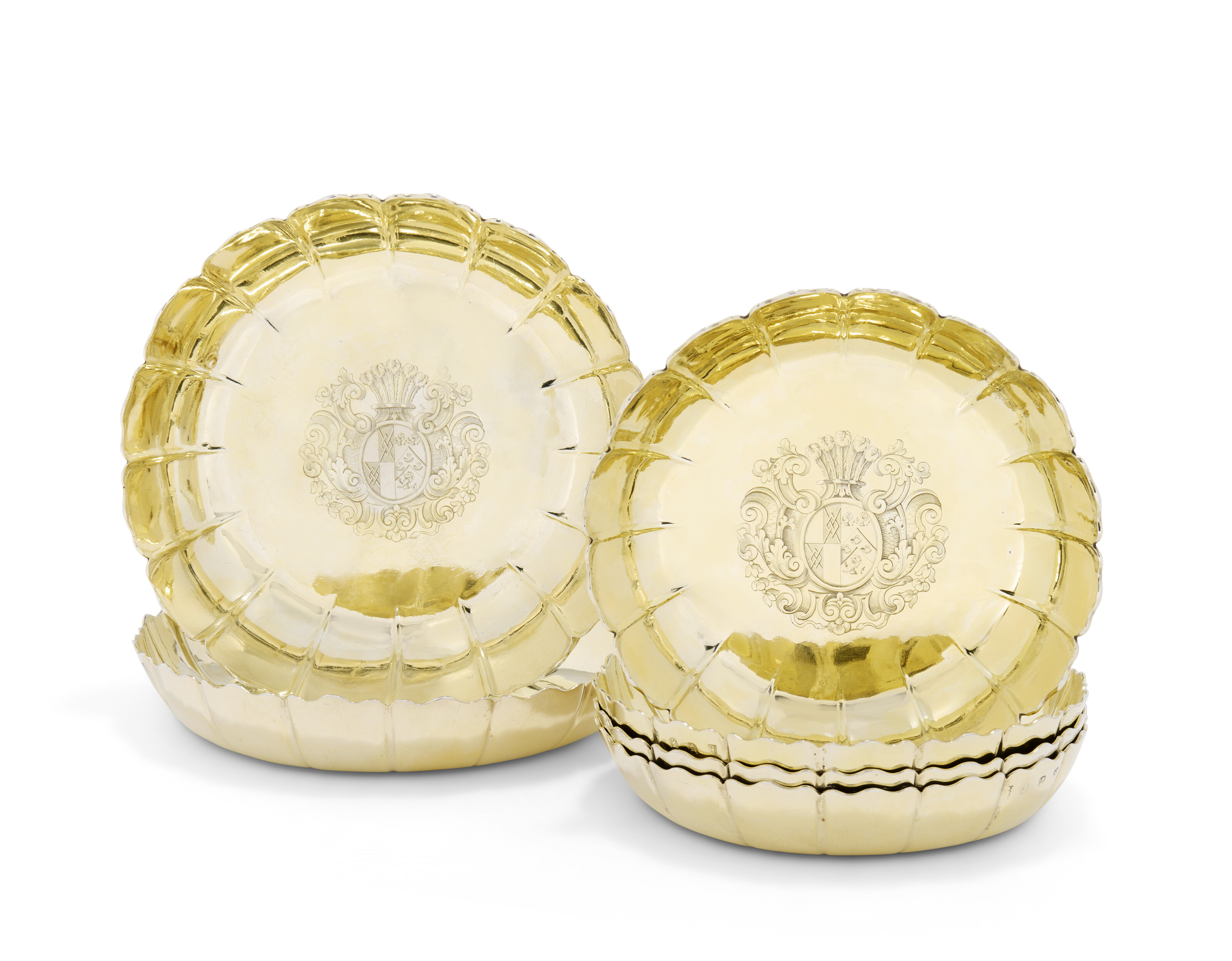 A SET OF SIX QUEEN ANNE SILVER-GILT STRAWBERRY DISHES, MARK OF DAVID ...