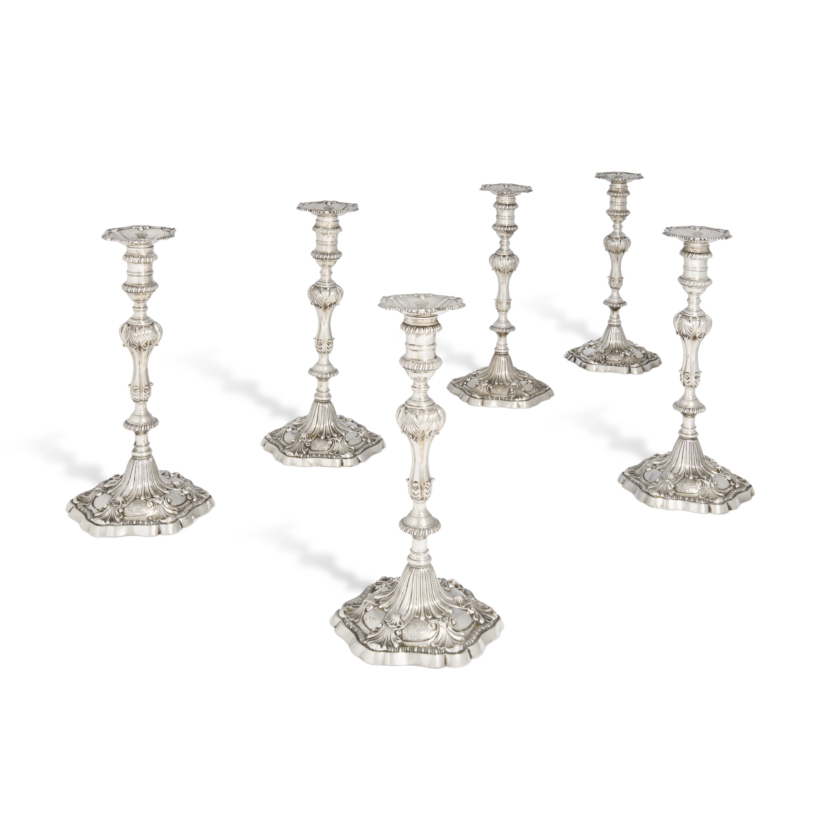 A SET OF SIX GEORGE III SILVER CANDLESTICKS, MARK OF EBENEZER COKER ...