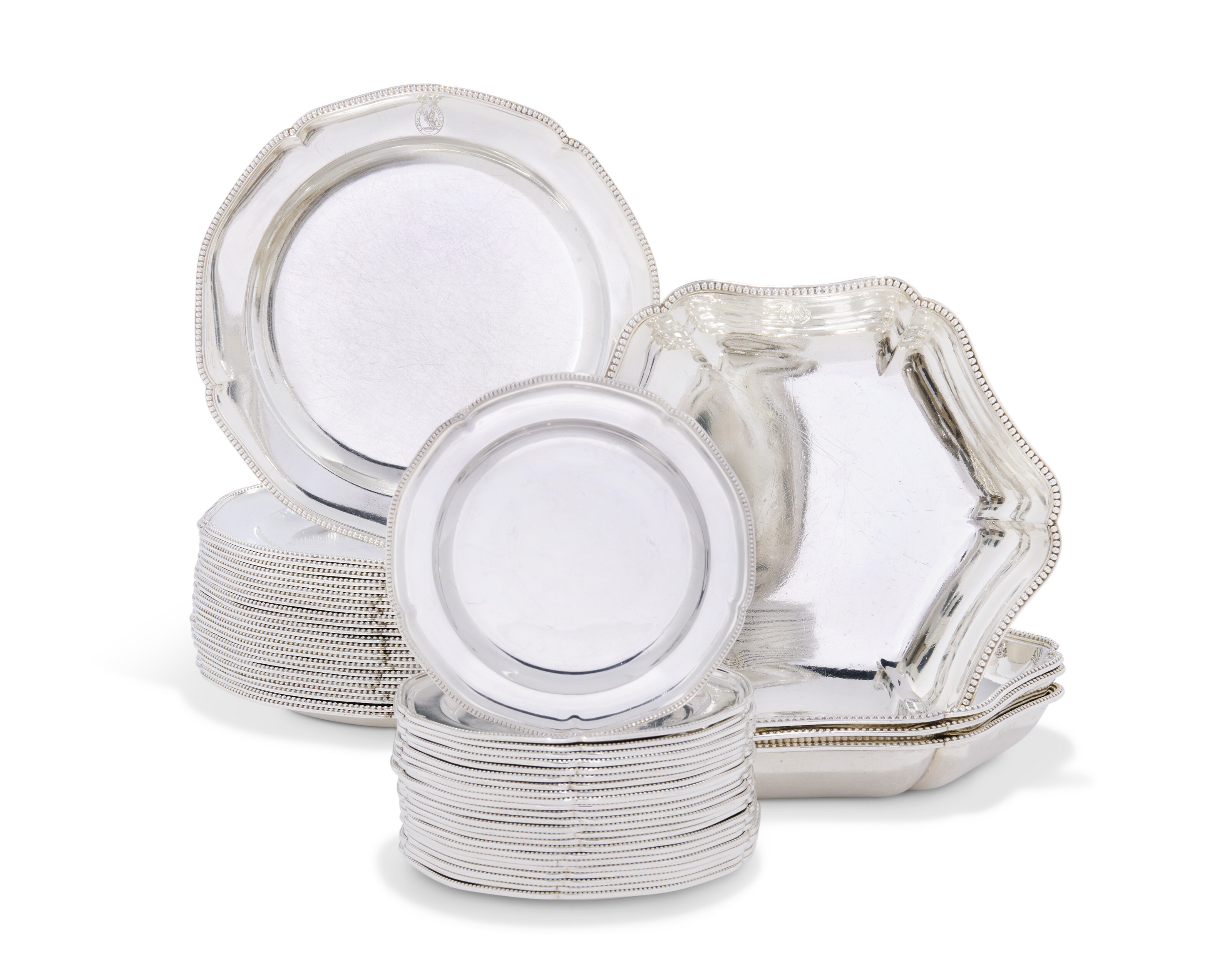 A SET OF TWENTY-FOUR GEORGE III SILVER DINNER PLATES AND FOUR ENTREE ...