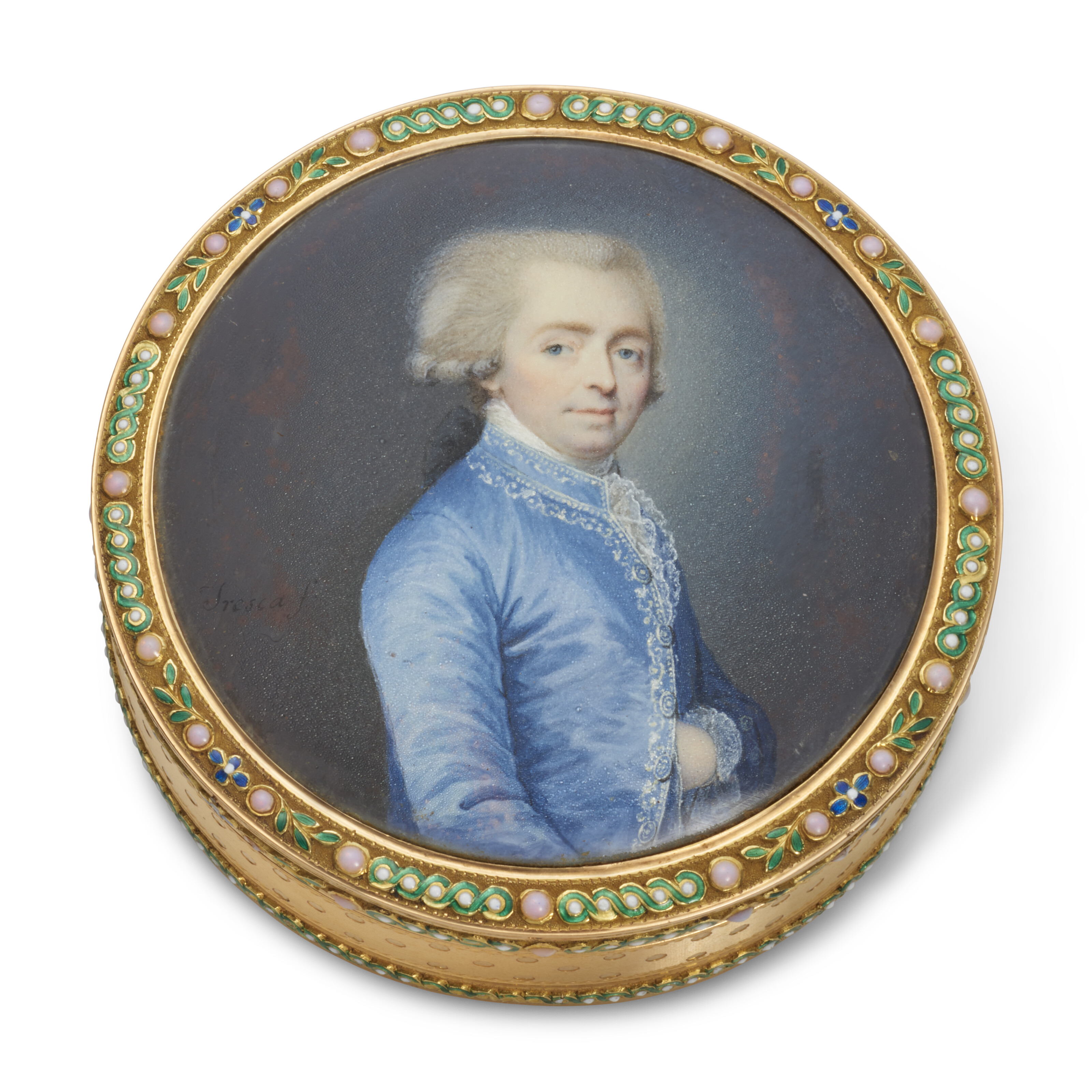 A LOUIS XVI ENAMELLED GOLD BONBONNIERE SET WITH A MINIATURE, BY CHARLES ...