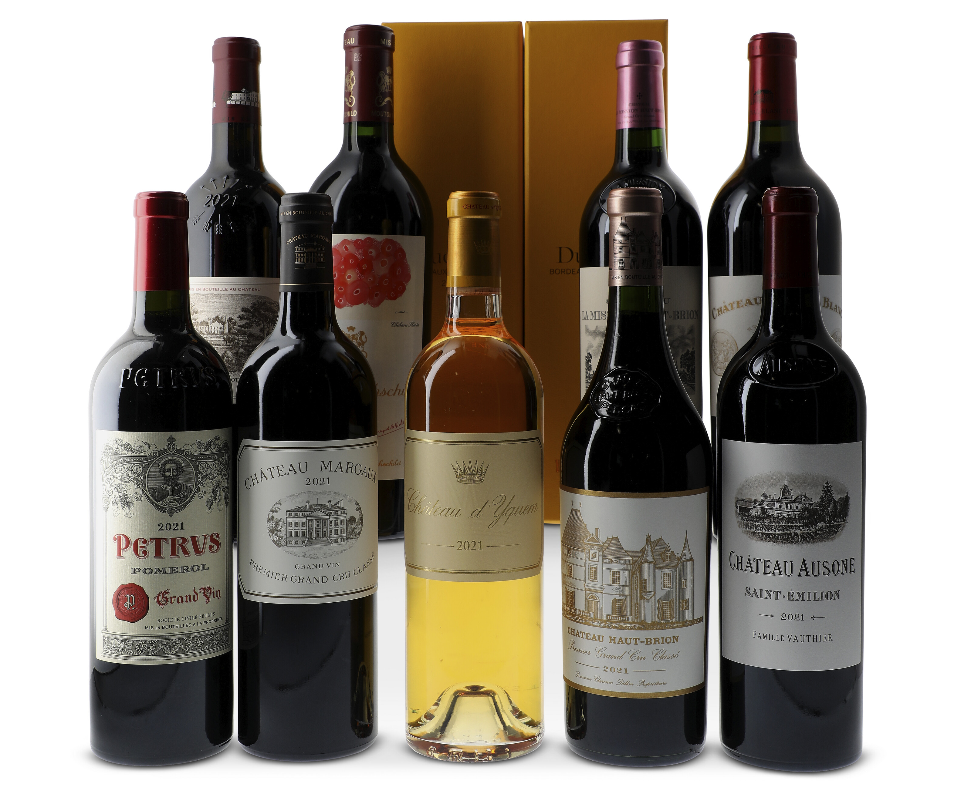 Duclot, Assortment Case 2021, Château Margaux (1)Petrus (1)Château Haut Brion (1)Château Ausone ...
