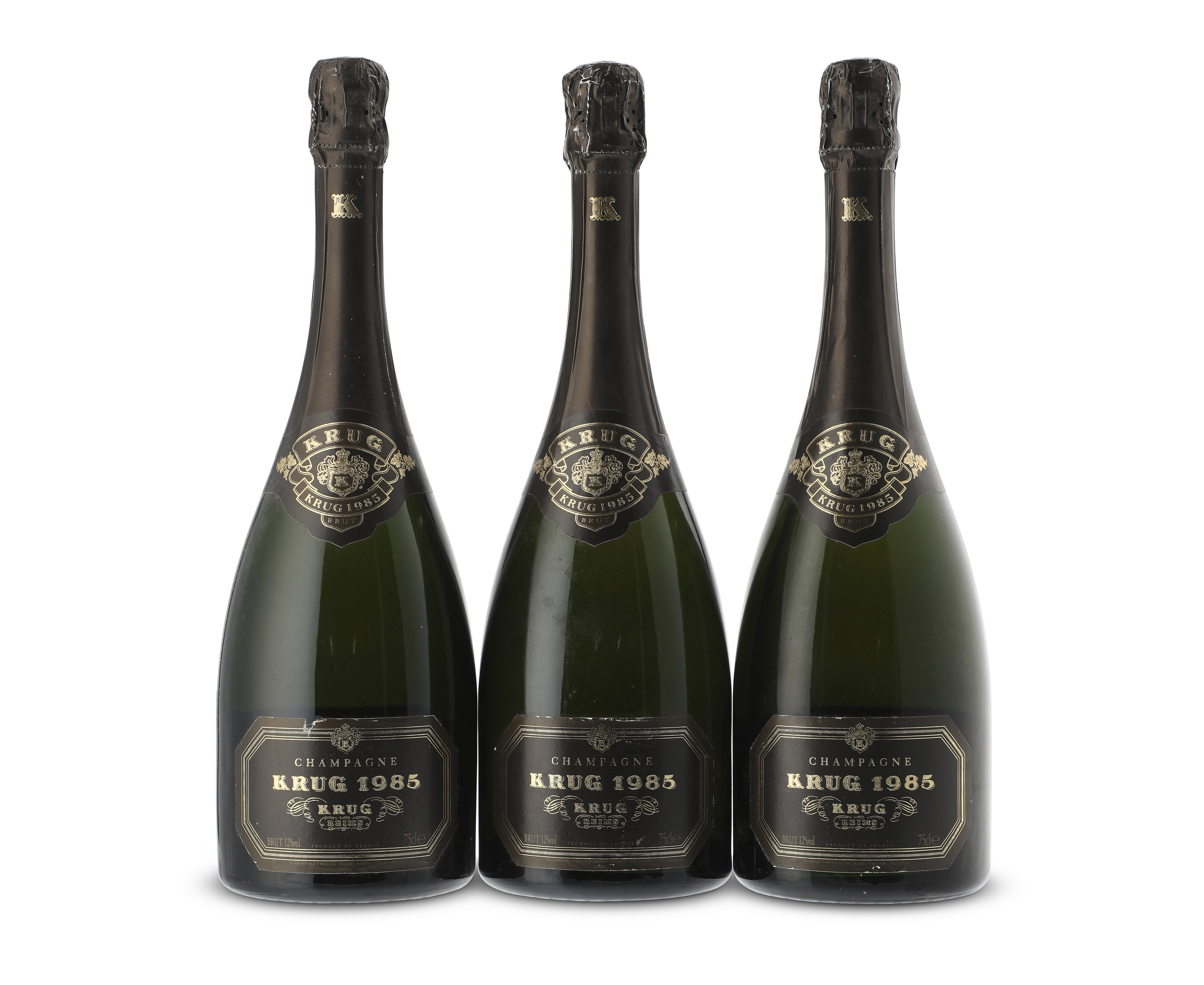 Krug, Vintage Brut 1985, Slightly scuffed foils. Slightly nicked labels ...