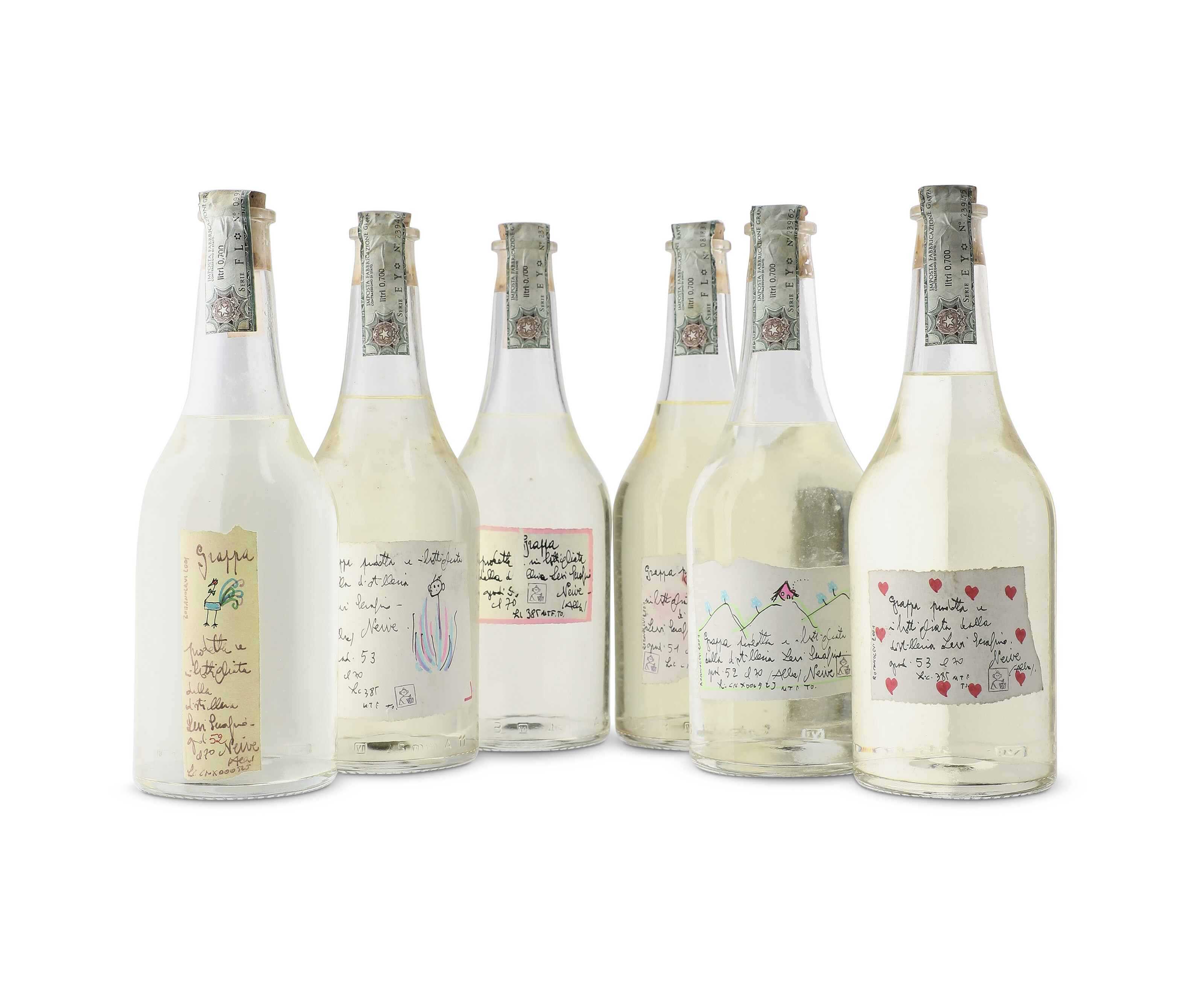 Romano Levi, Grappa 2001, Different label styles. Slightly bin-soiled ...