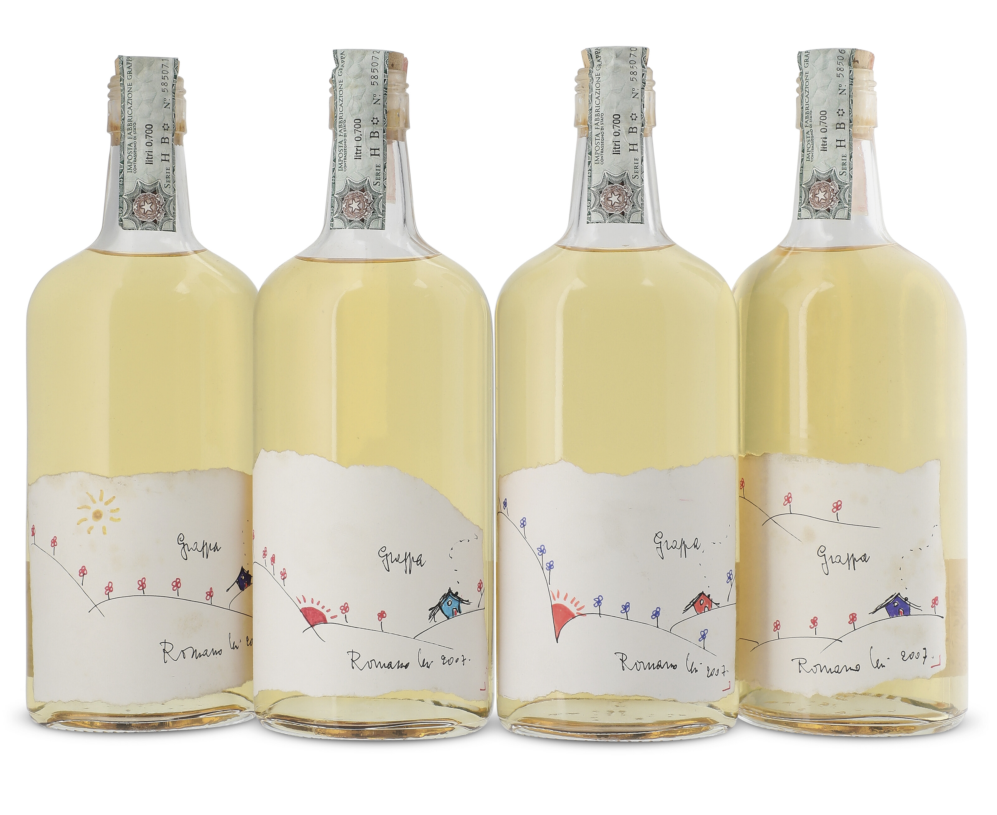 Romano Levi, Grappa 2007, Bourbon bottle shapes. Sun and hill labels ...