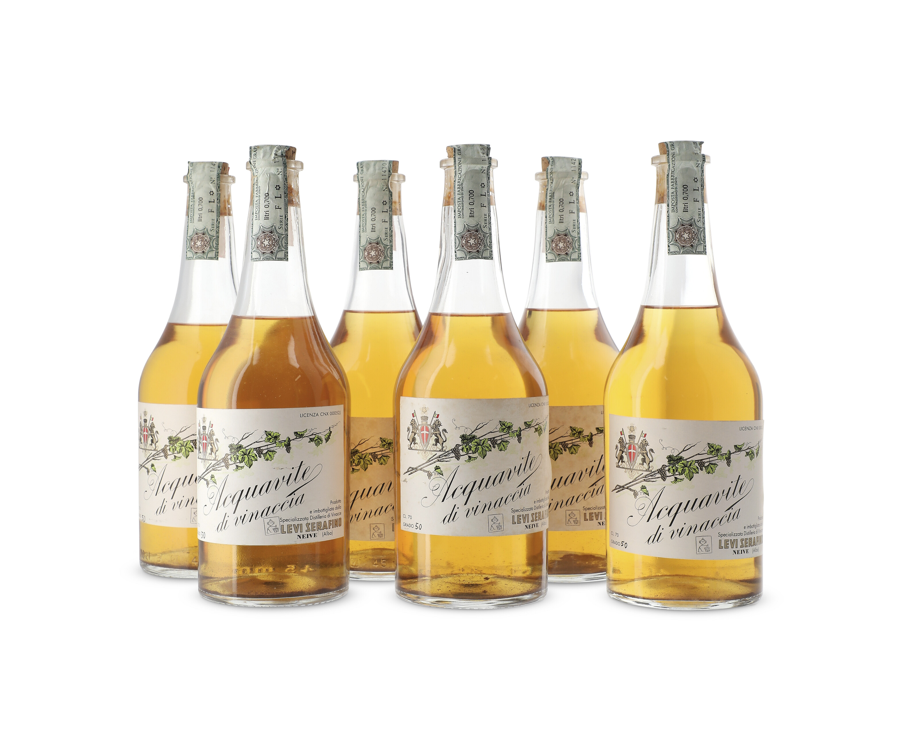 Romano Levi, Acquavite di Vinaccia NV, Slightly bin-soiled labels ...