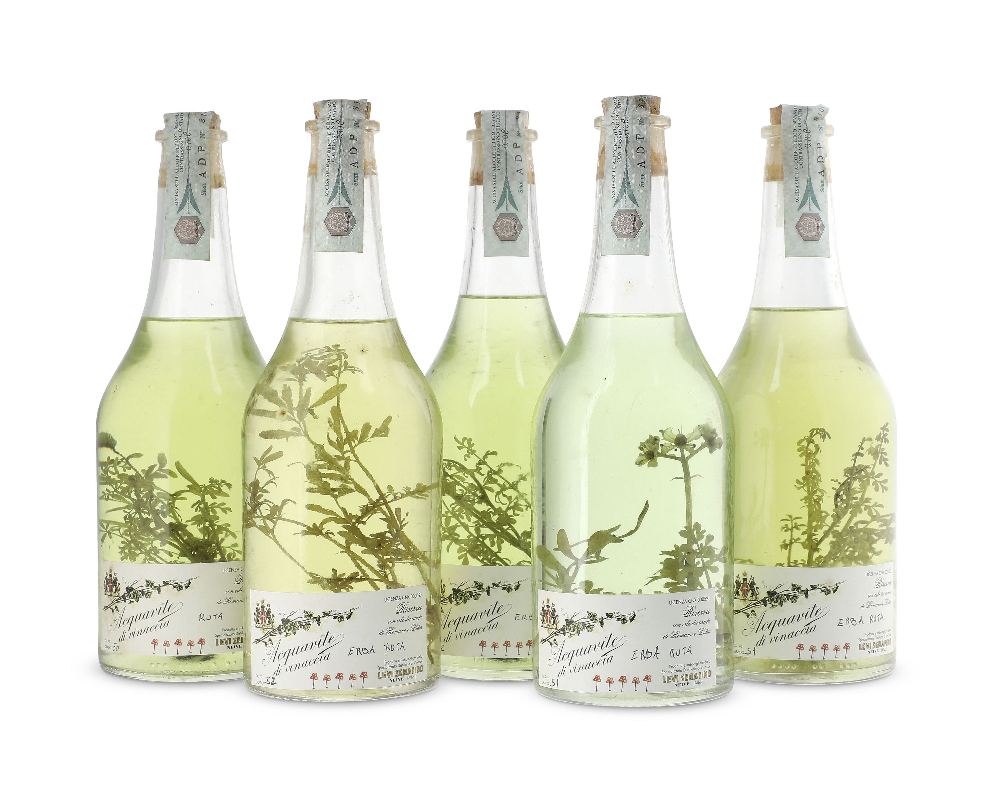 Romano Levi, Grappa with Herbs NV, Erba Ruta. Levels: 6cm. One 50%, two ...