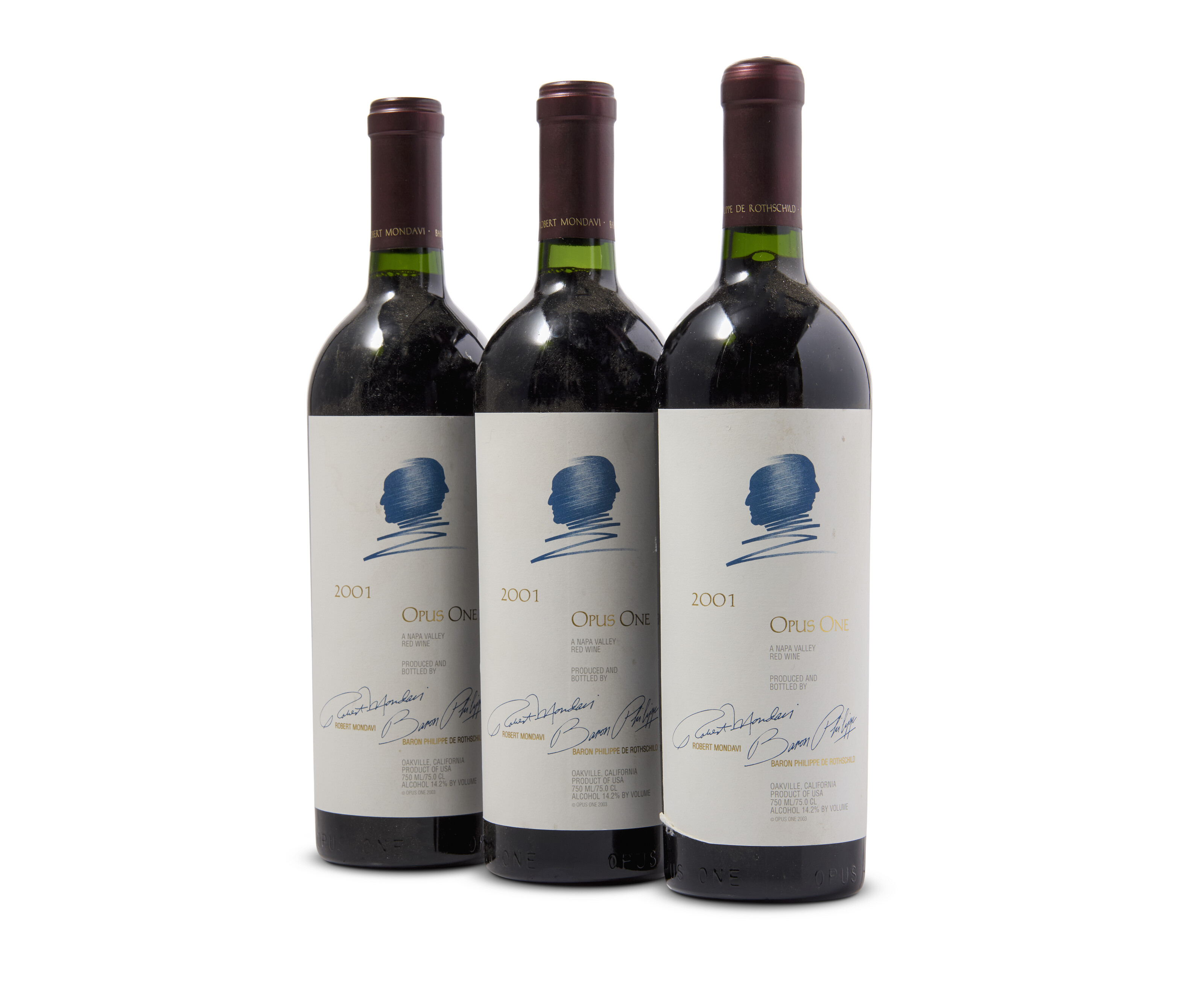 Opus One, Napa Valley 2001, Tissue-stained and slightly bin-soiled labels. Levels: base of neck ...