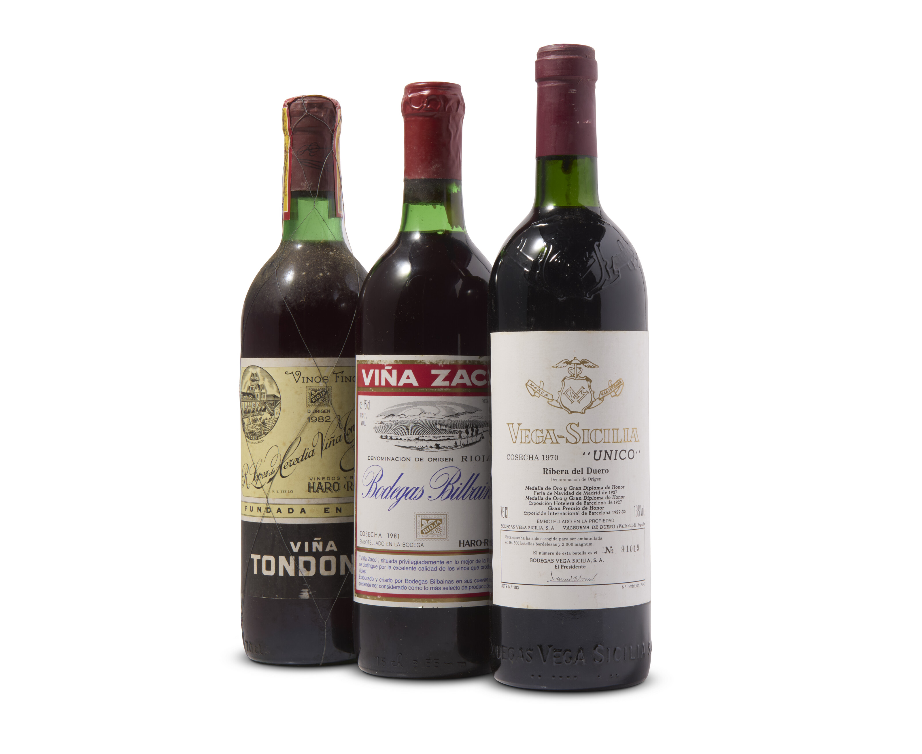 Mixed Spanish Wines 1970-1982, Vega Sicilia, Unico 1970Level: base of ...