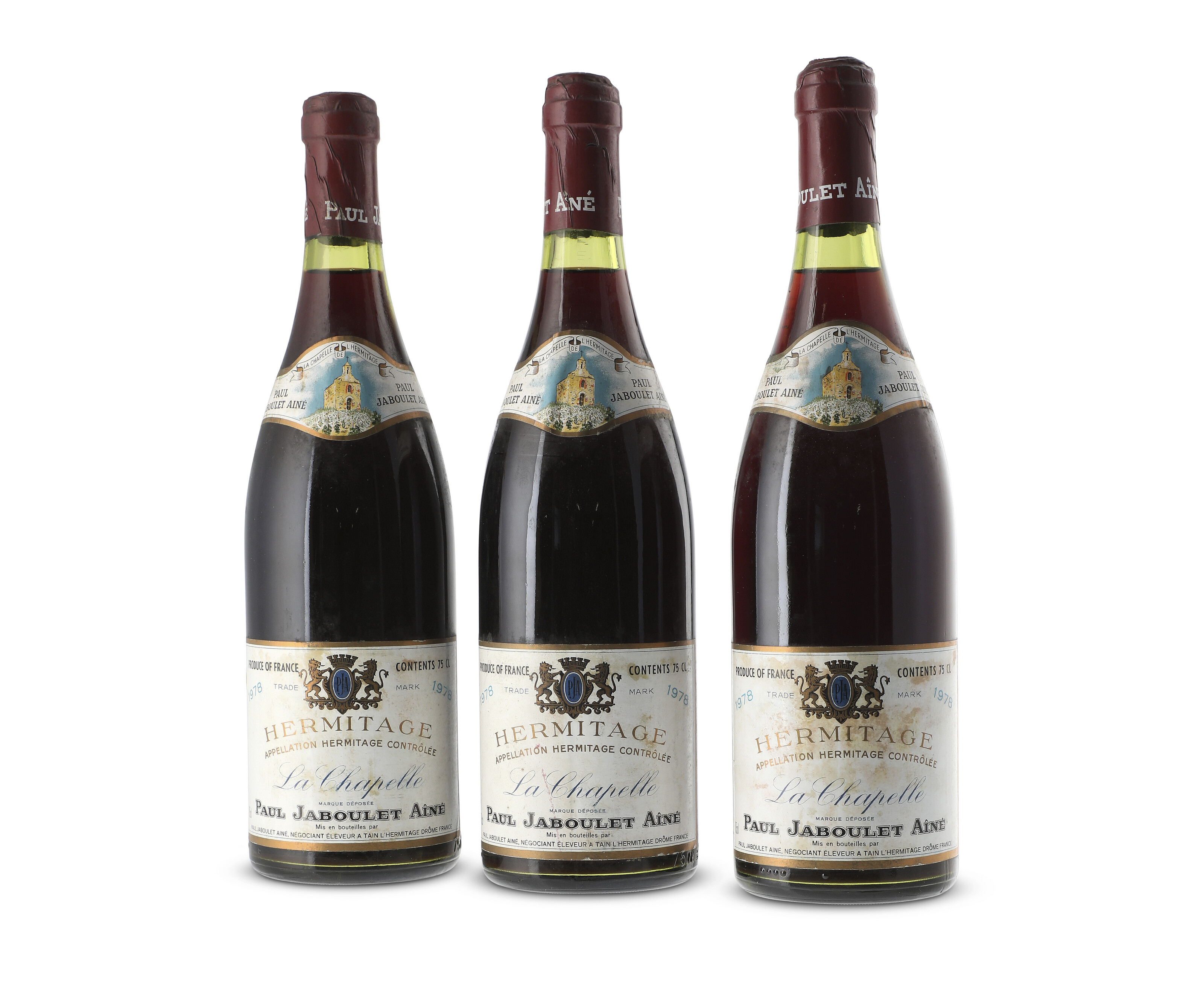 Paul Jaboulet Aîné, Hermitage, La Chapelle Rouge 1978, U. 2x2cm, 1x2.5cm, badly bin-soiled ...