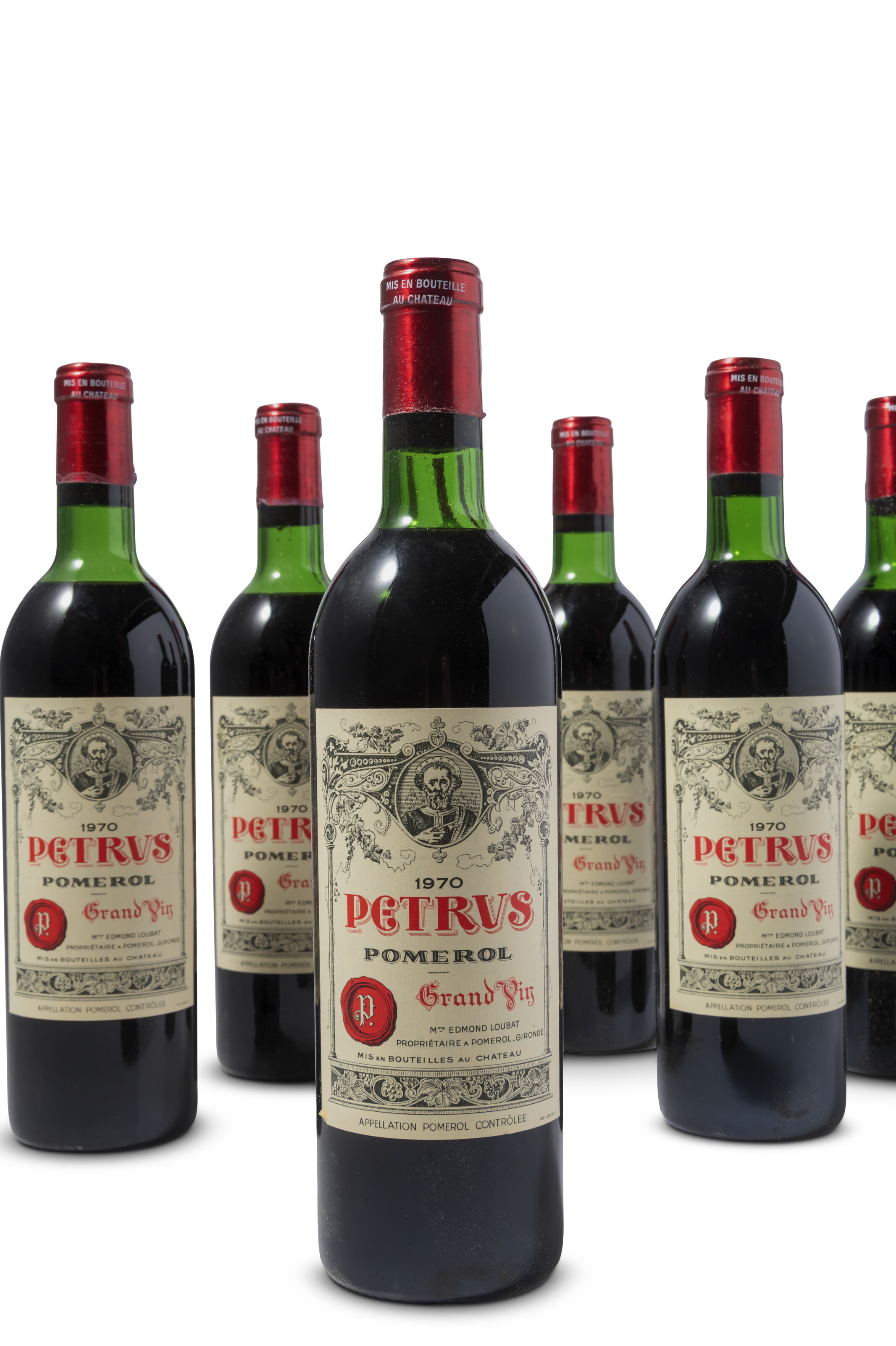 Petrus 1970, PomerolIn original wooden case with damaged lid. Scuffed ...