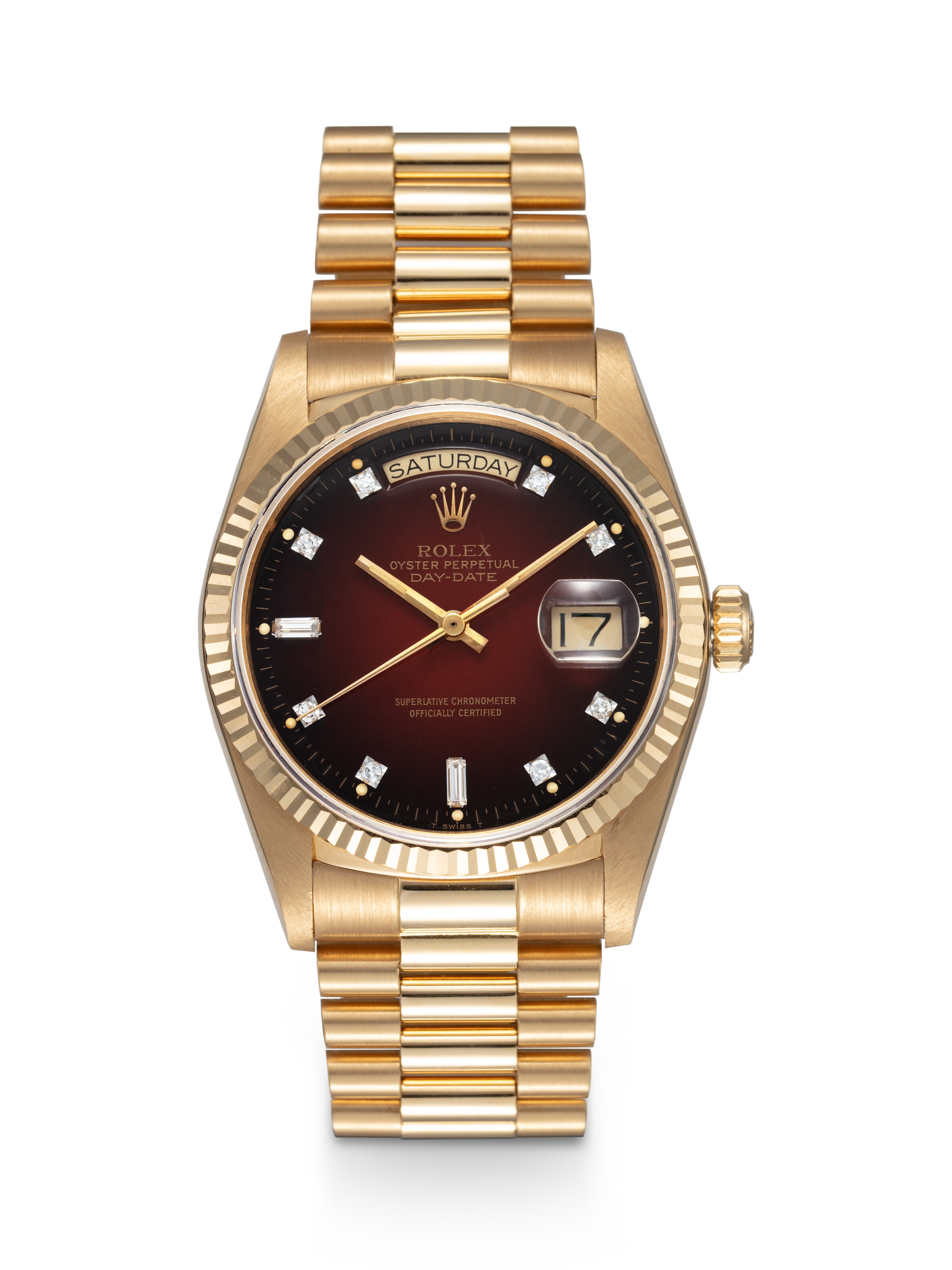 ROLEX, DAY-DATE REF. 18038, AN ATTRACTIVE 18K YELLOW GOLD AUTOMATIC WRISTWATCH WITH A BURGUNDY ...