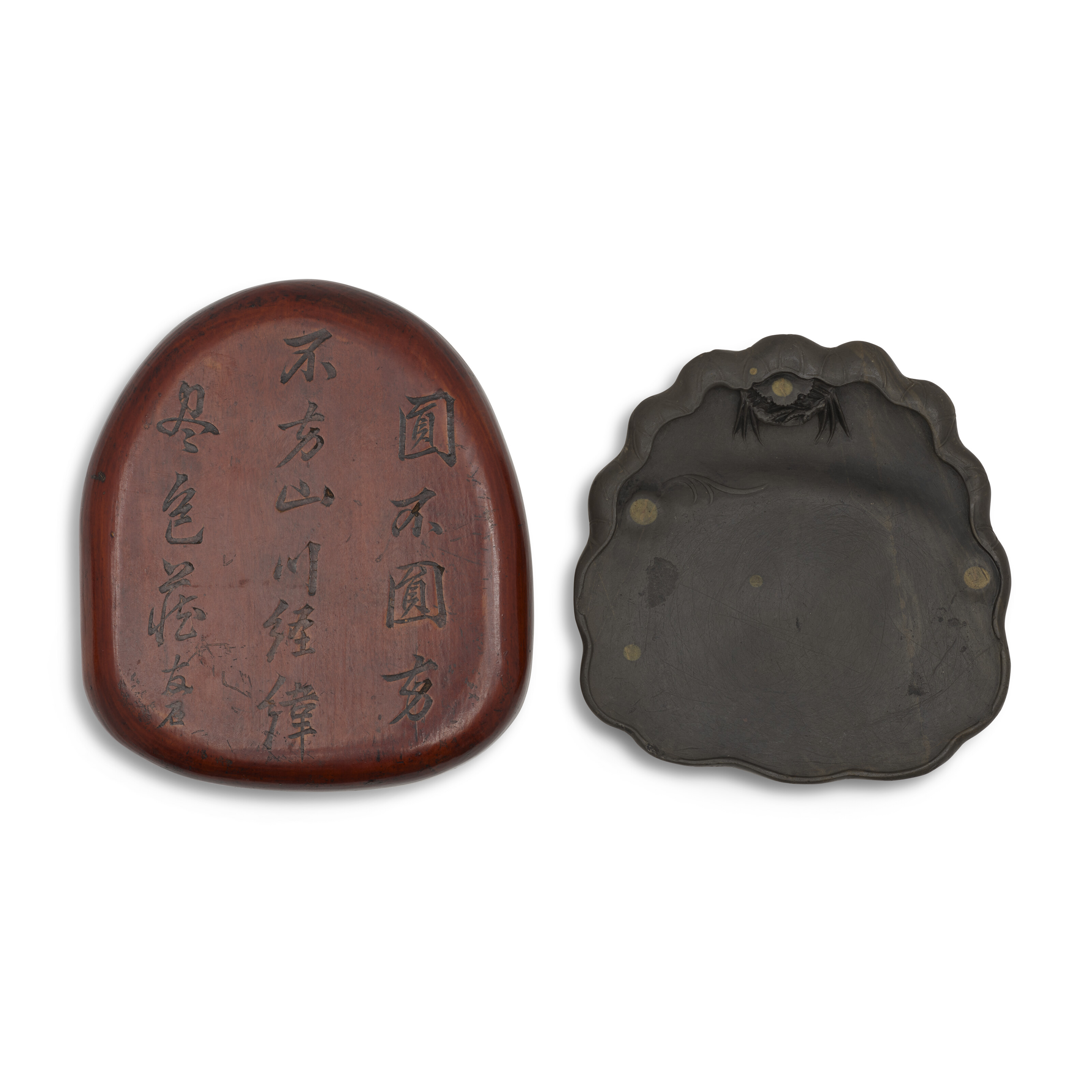 A CARVED ‘CRAB AND LOTUS LEAF’ INK STONE, WOOD BOX AND COVERLATE QING ...