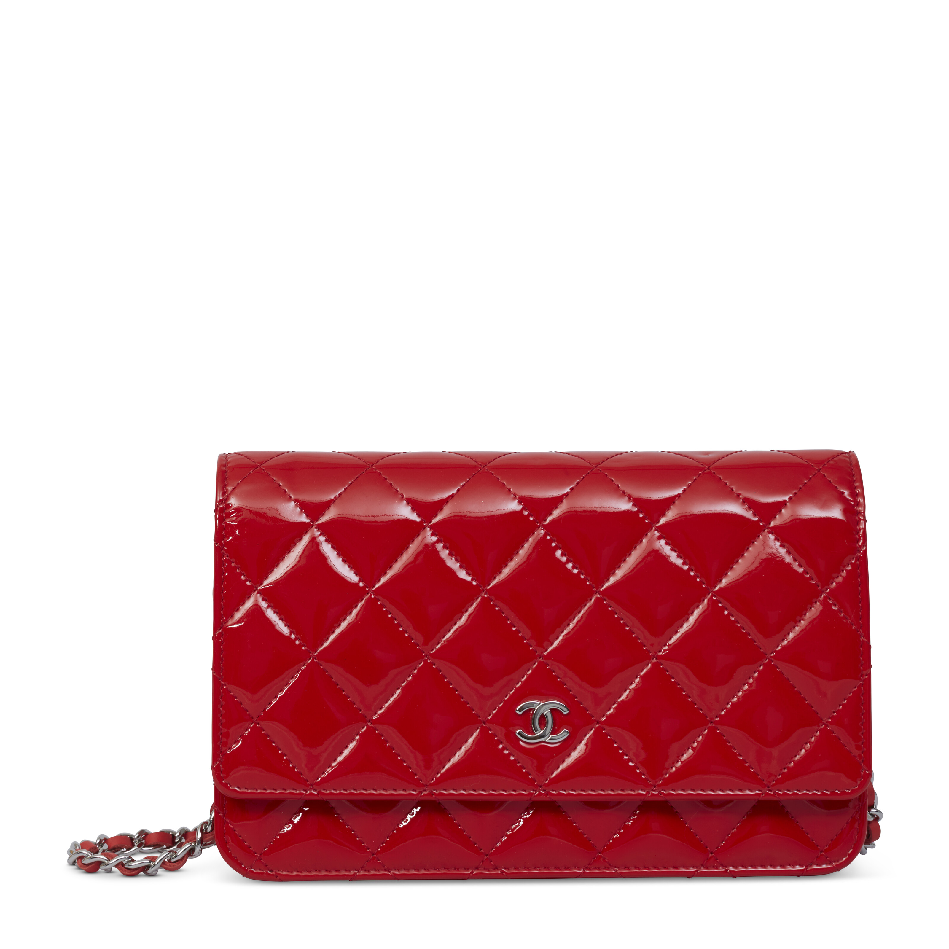 A RED QUILTED PATENT LEATHER WALLET ON CHAIN WITH SILVER HARDWARE ...