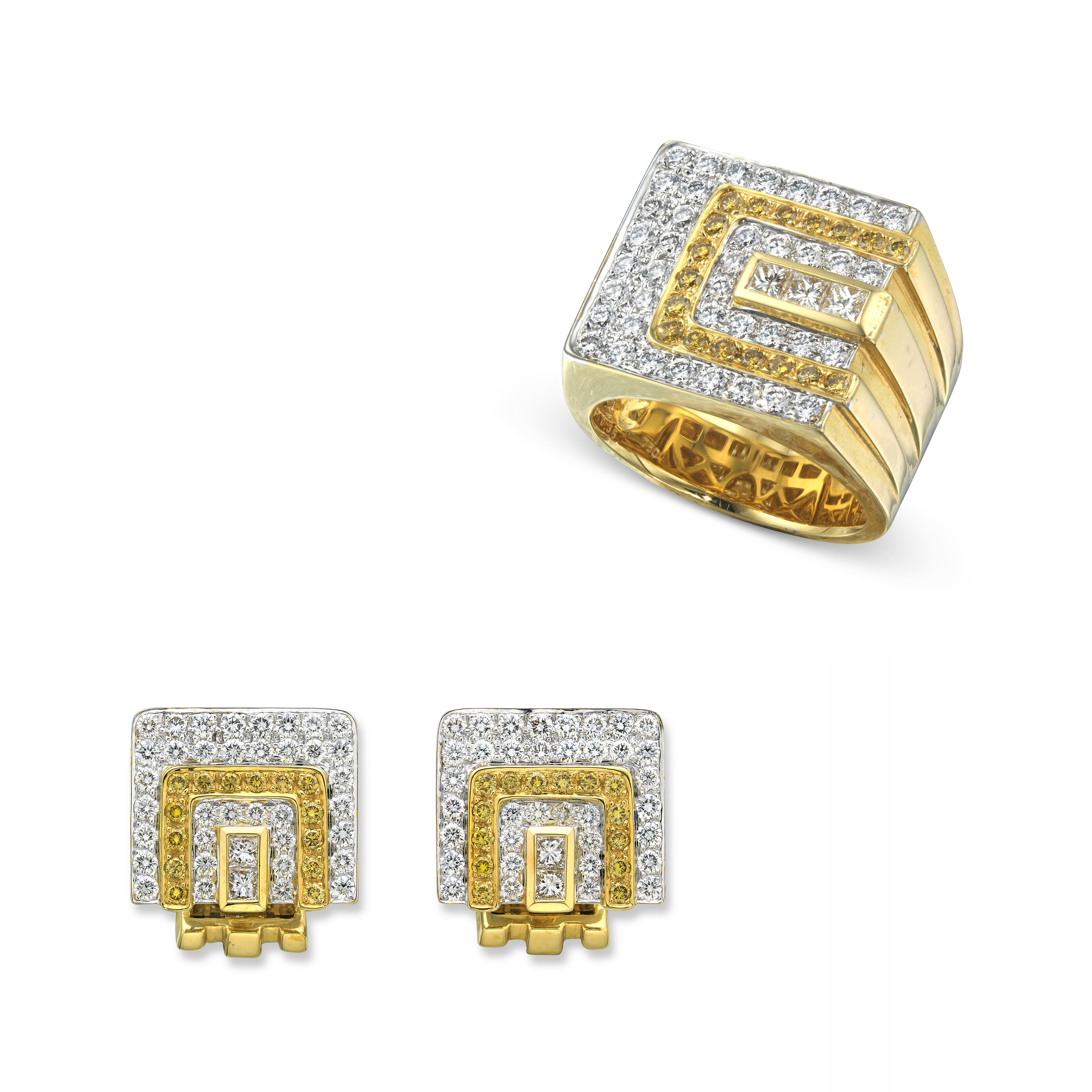 NO RESERVE – SET OF COLOURED DIAMOND AND DIAMOND RING AND CUFFLINK ...