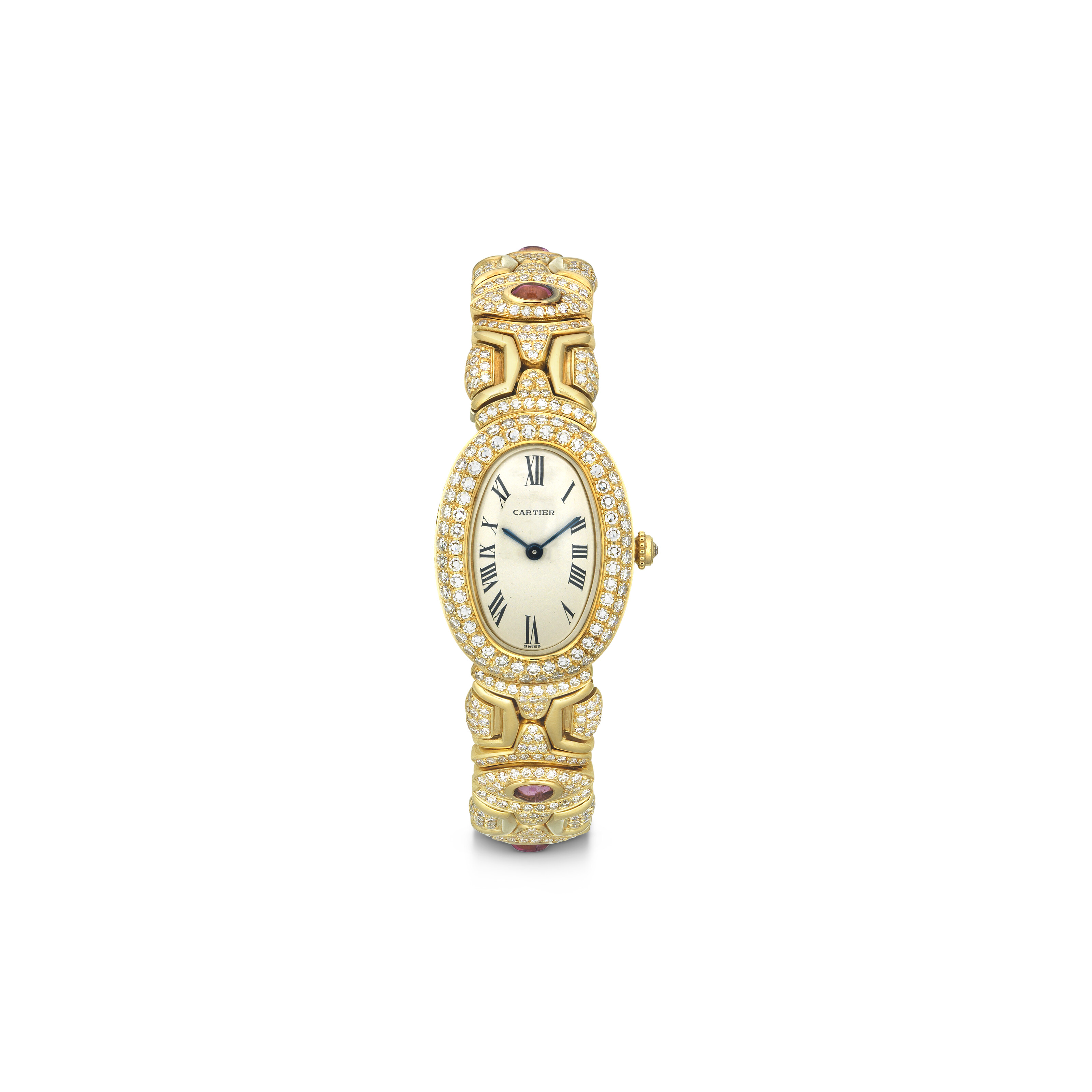 CARTIER DIAMOND, TOURMALINE AND GOLD 'BAIGNOIRE' WRISTWATCH/ BRACELET ...