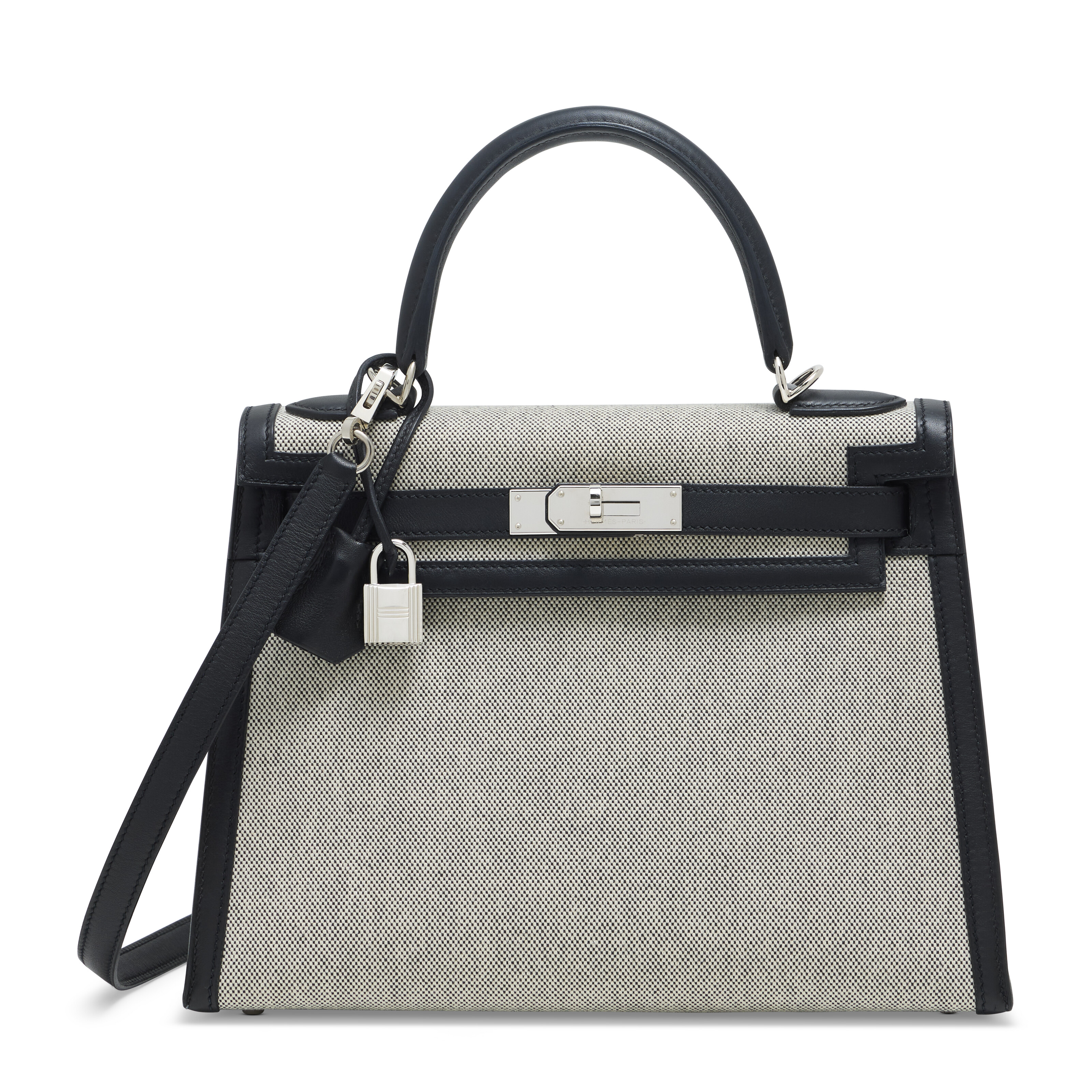 A LIMITED EDITION BLACK SWIFT LEATHER & TOILE H SELLIER KELLY 28 WITH PALLADIUM HARDWARE, HERMÈS ...