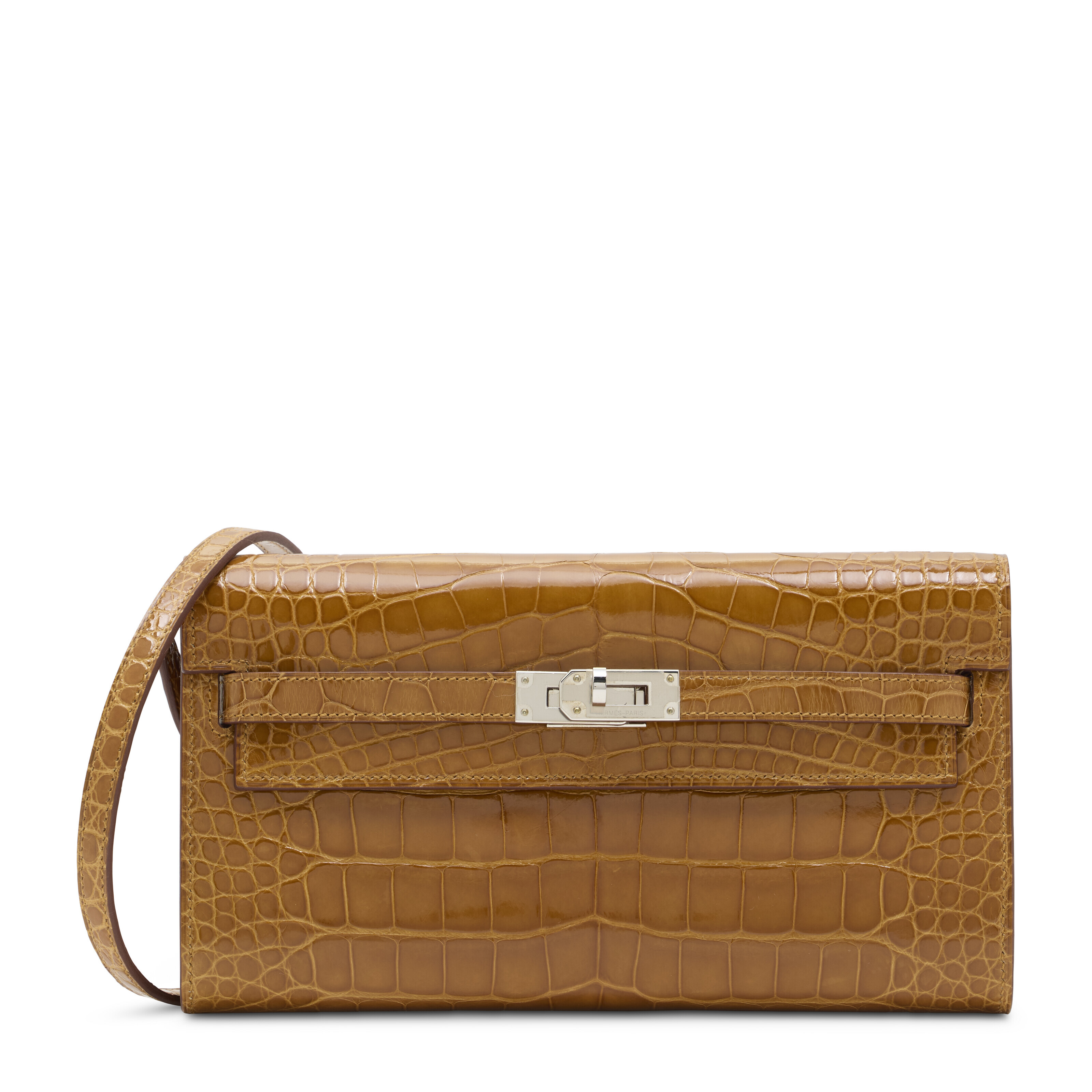 A SHINY TABAC CAMEL ALLIGATOR KELLY TO GO WITH PALLADIUM HARDWARE ...