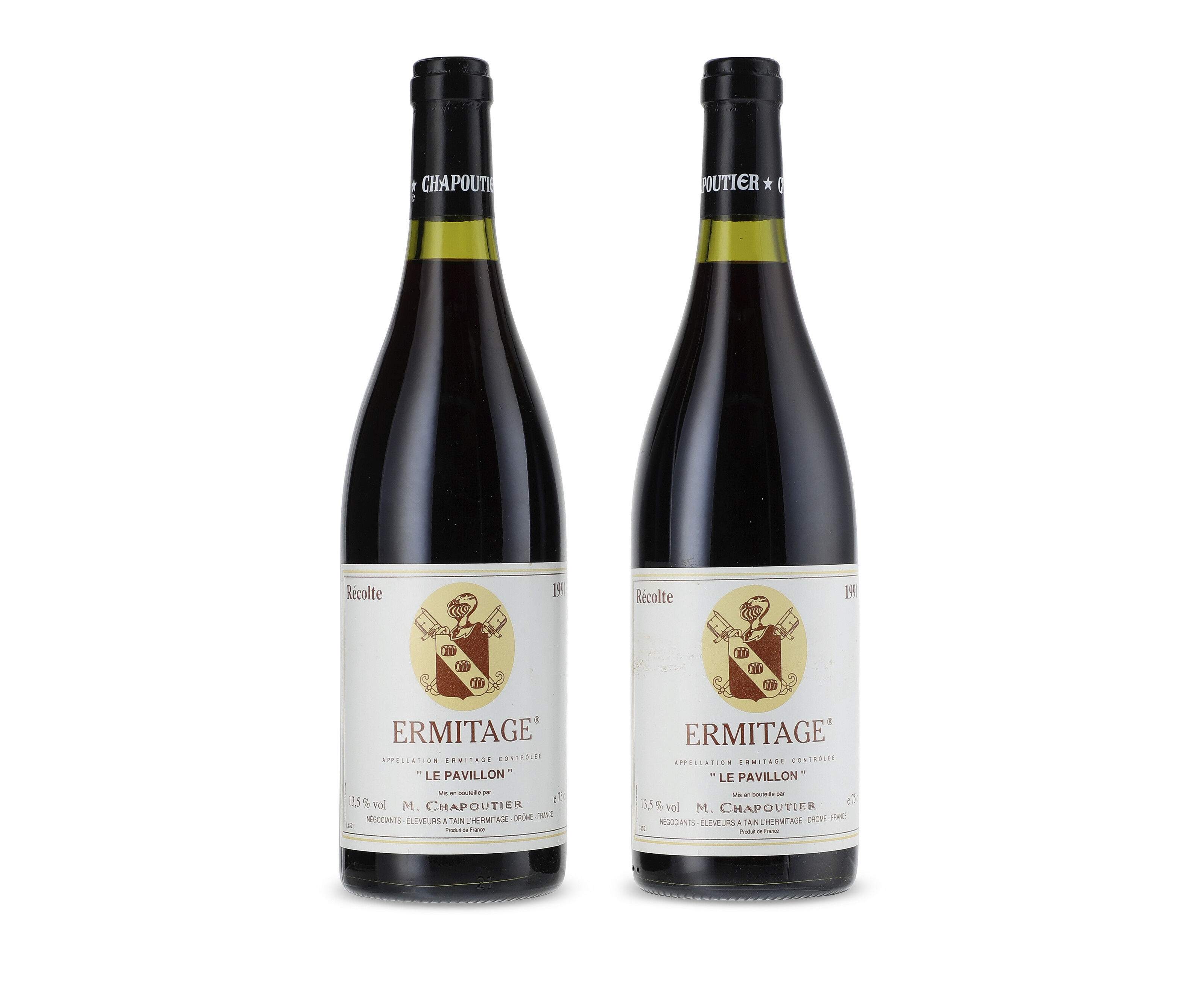 M. Chapoutier, Ermitage Le Pavillon 1991, 4 very slightly stained and 2 ...