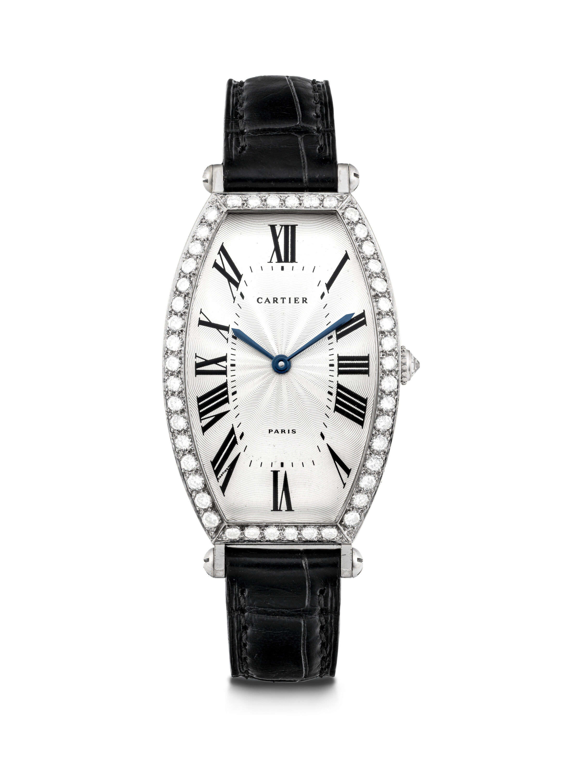 CARTIER, WHITE GOLD AND DIAMOND-SET TONNEAU, CASE NO. A113714 | Christie’s