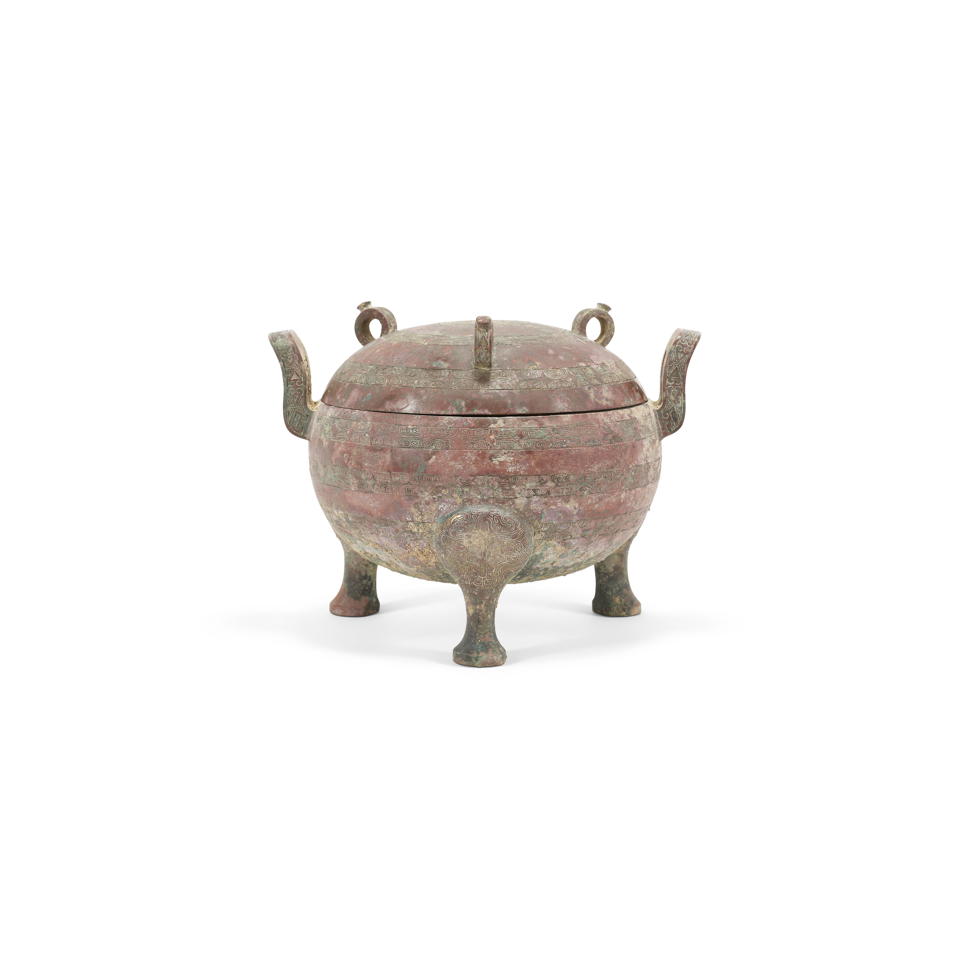 A LARGE BRONZE RITUAL FOOD VESSEL AND COVER, DING, WESTERN HAN DYNASTY ...