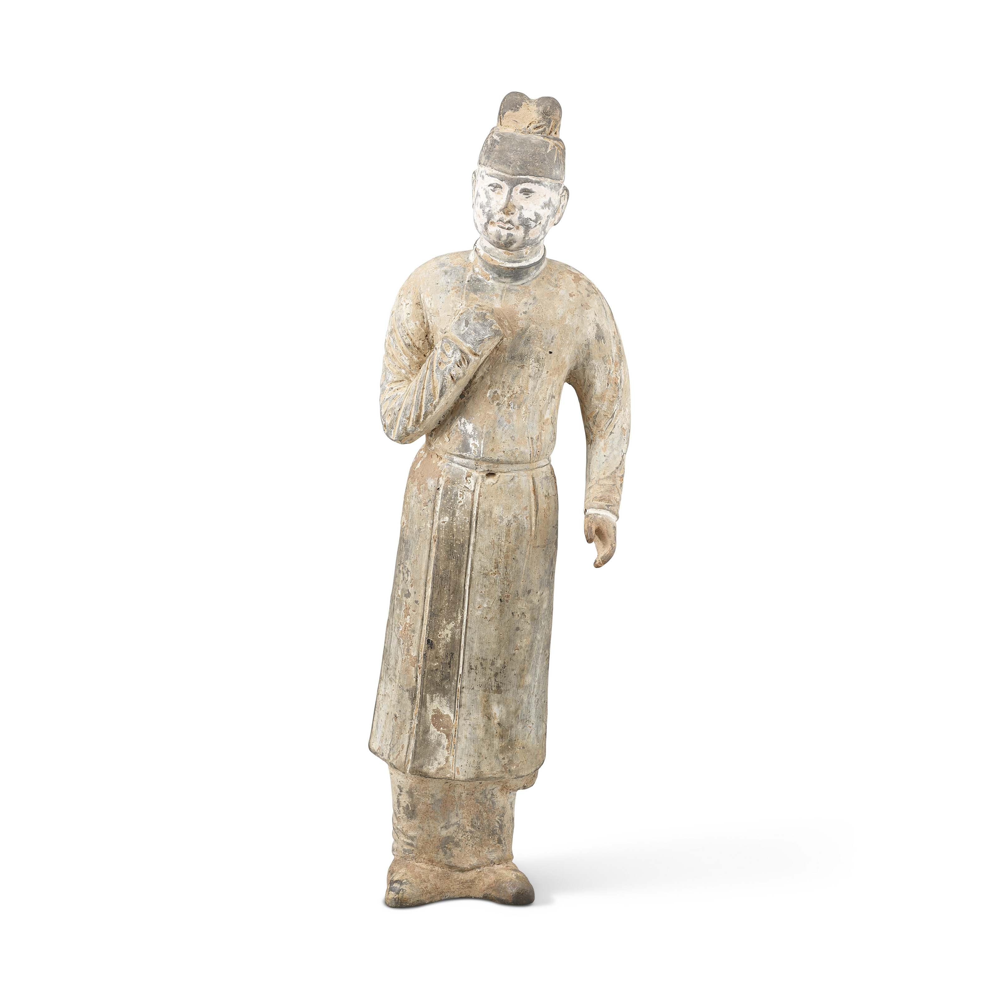 A LARGE GREY POTTERY FIGURE OF A GROOM, SIX DYNASTIES PERIOD (220-589 ...