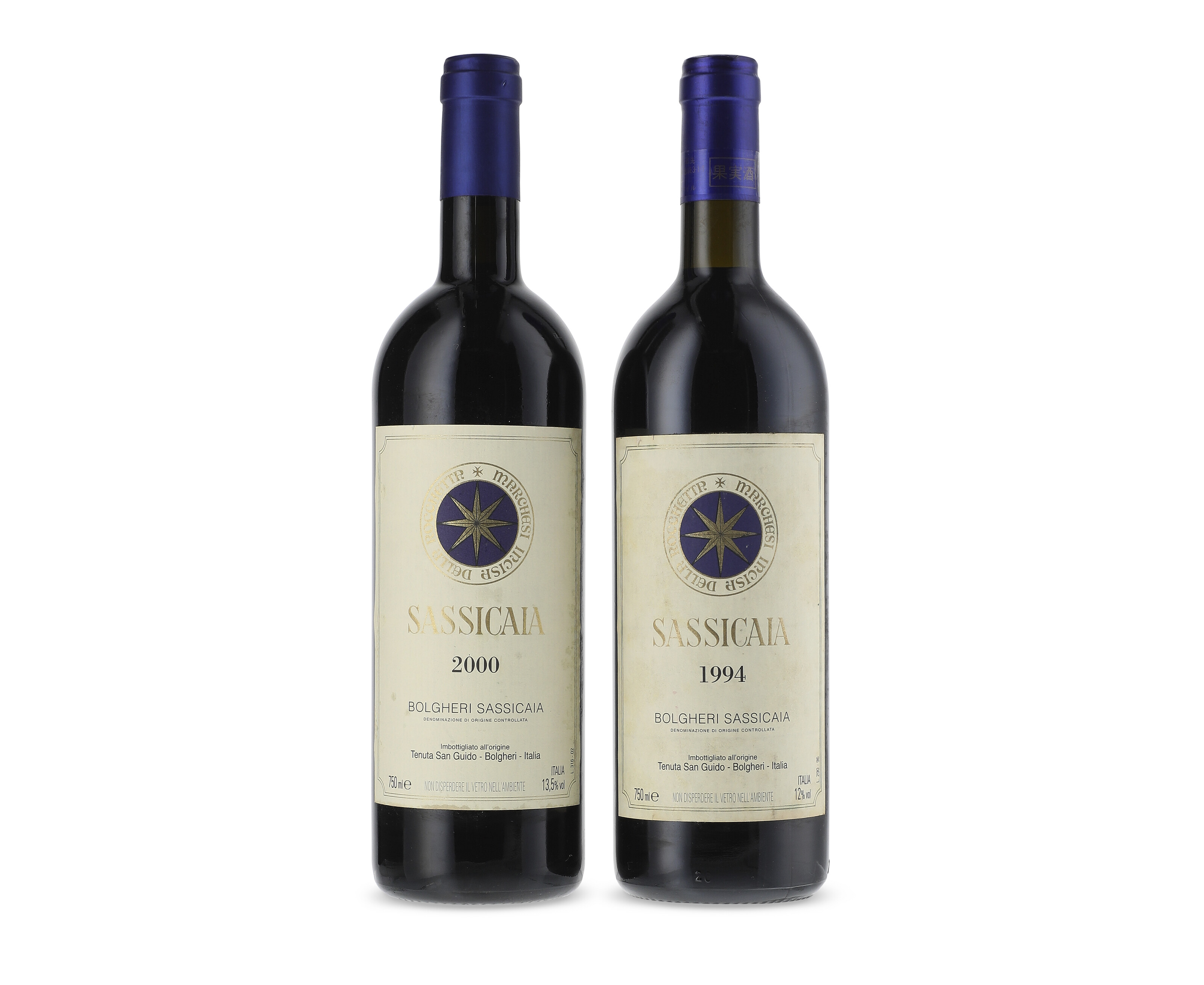 Mixed 1994 & 2000 Sassicaia, 1994Stained label, Japanese importer slip ...