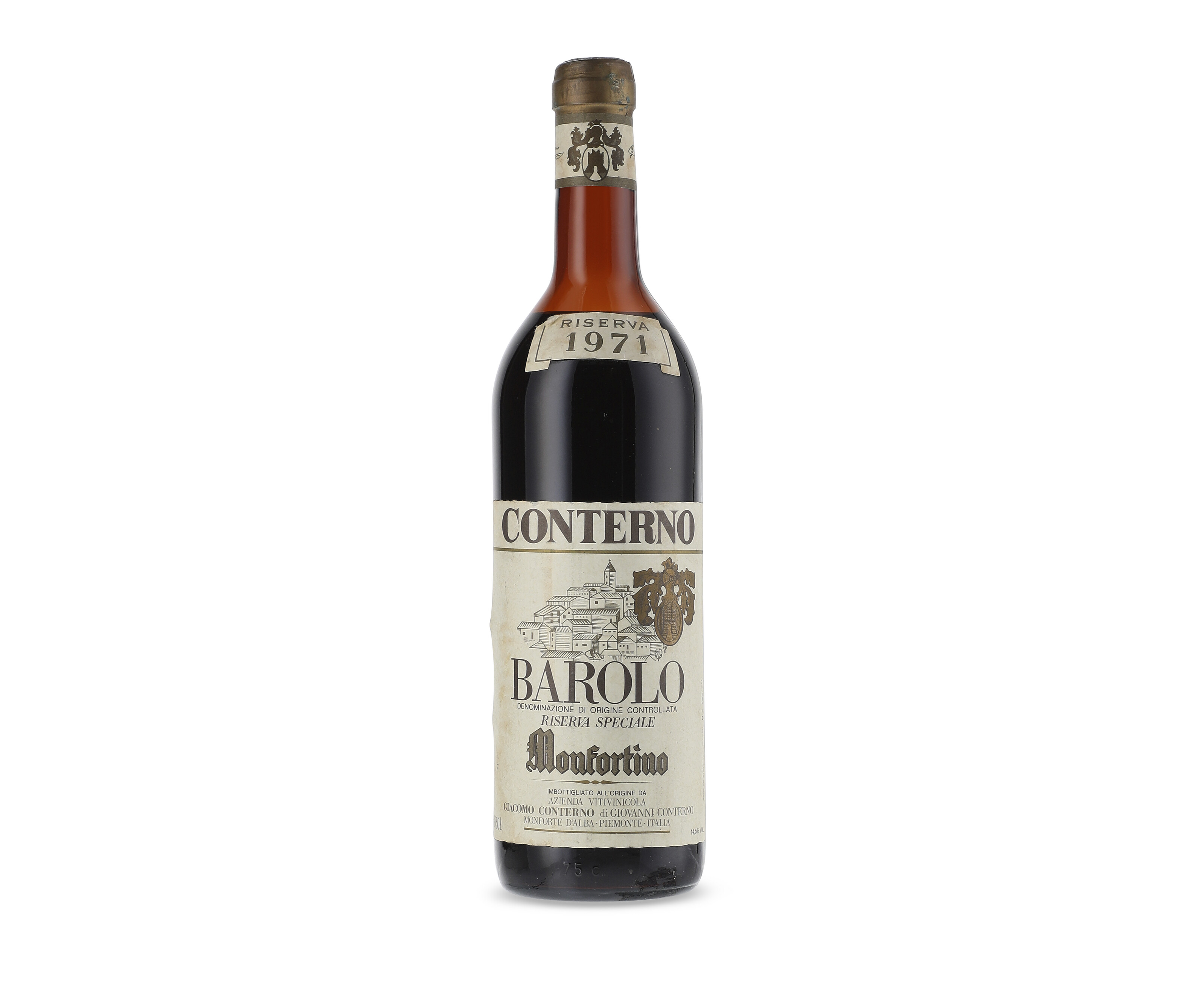 Giacomo Conterno, Barolo Monfortino Riserva 1971, u. ls, corroded and ...