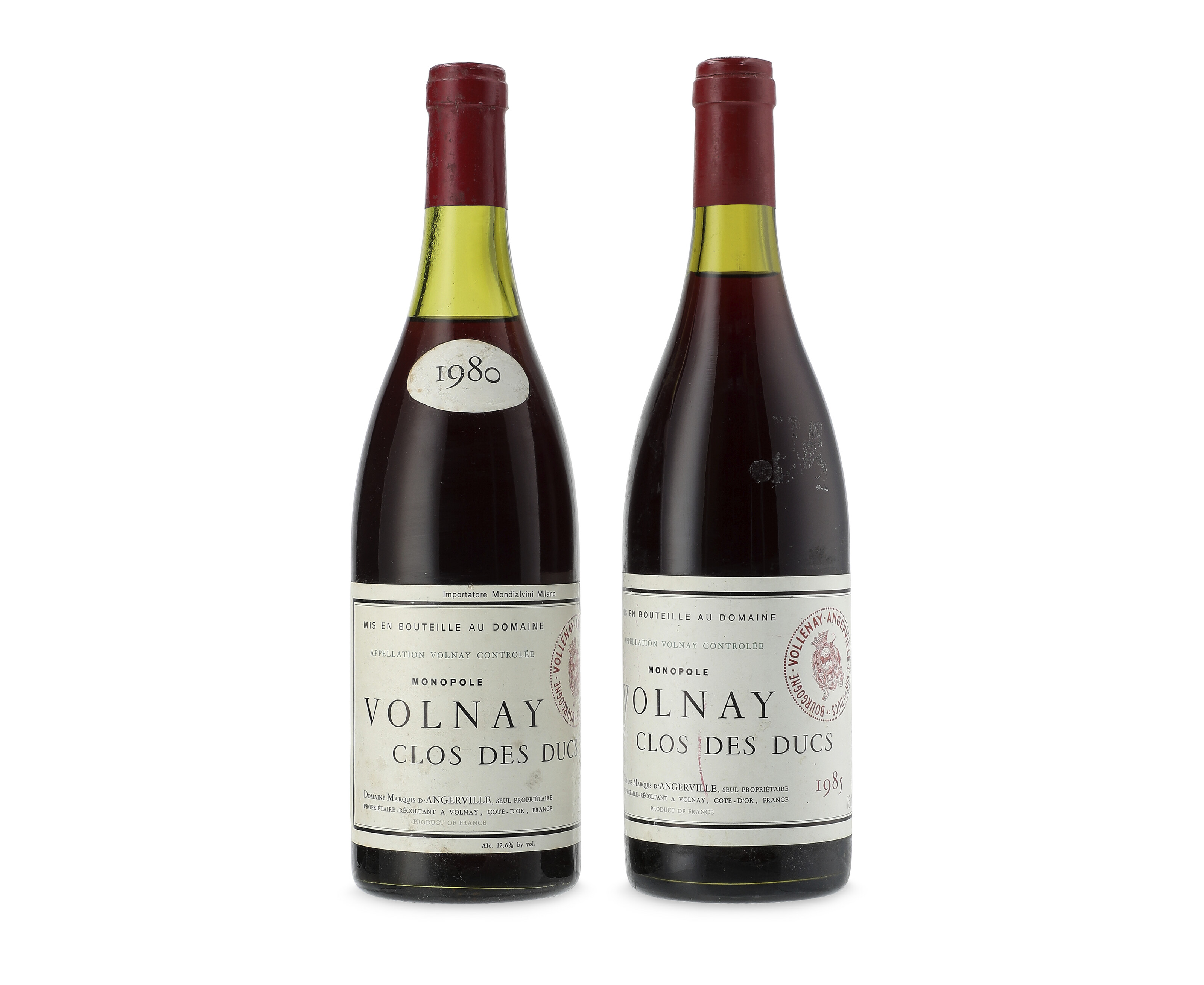 Mixed Domaine Marquis d'Angerville, Volnay Clos des Ducs, 1980Bin-soiled front label, wrinkled ...