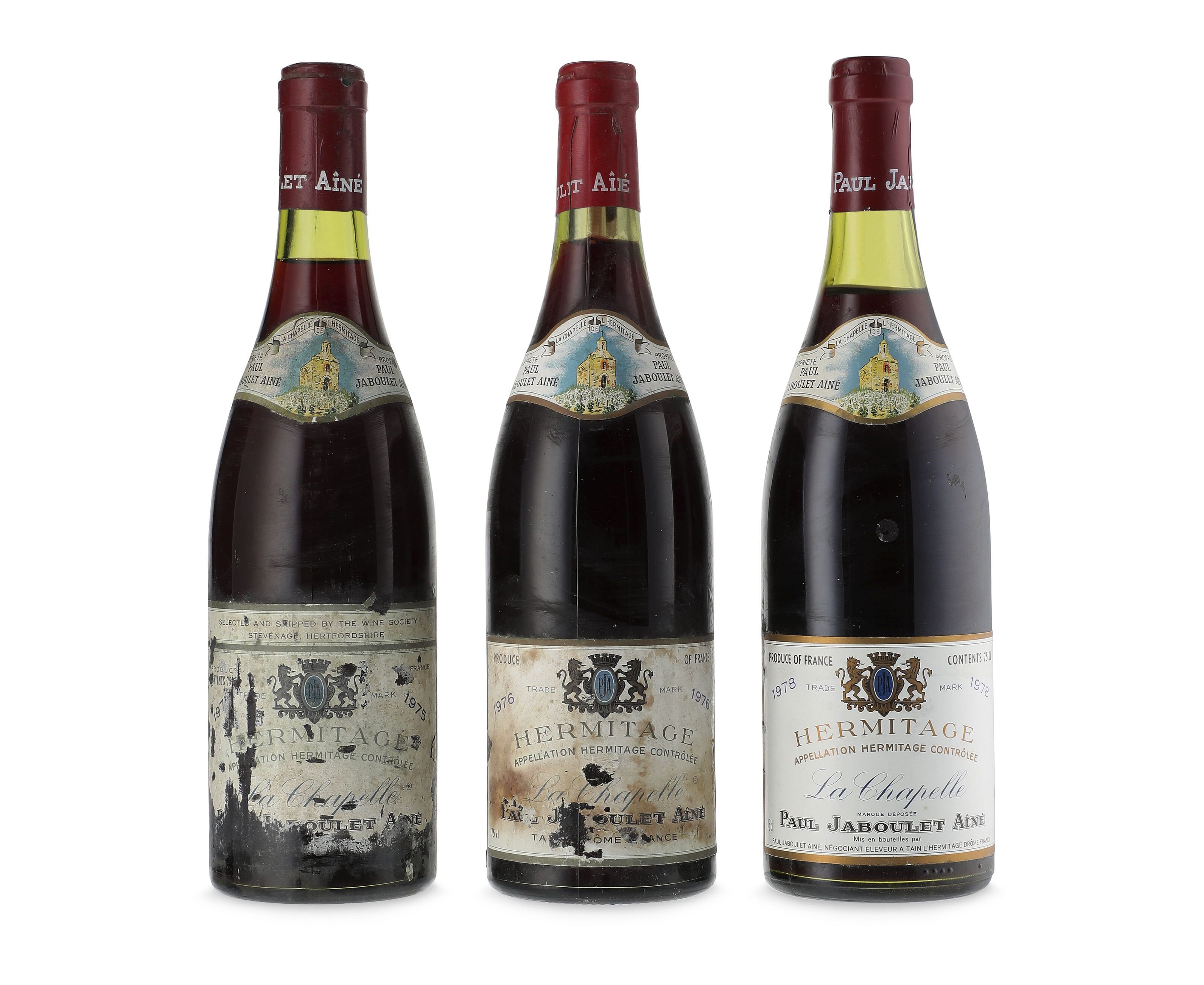 Mixed 1970s Paul Jaboulet Aine, Hermitage La Chapelle, 1975Stained and badly damaged label and ...