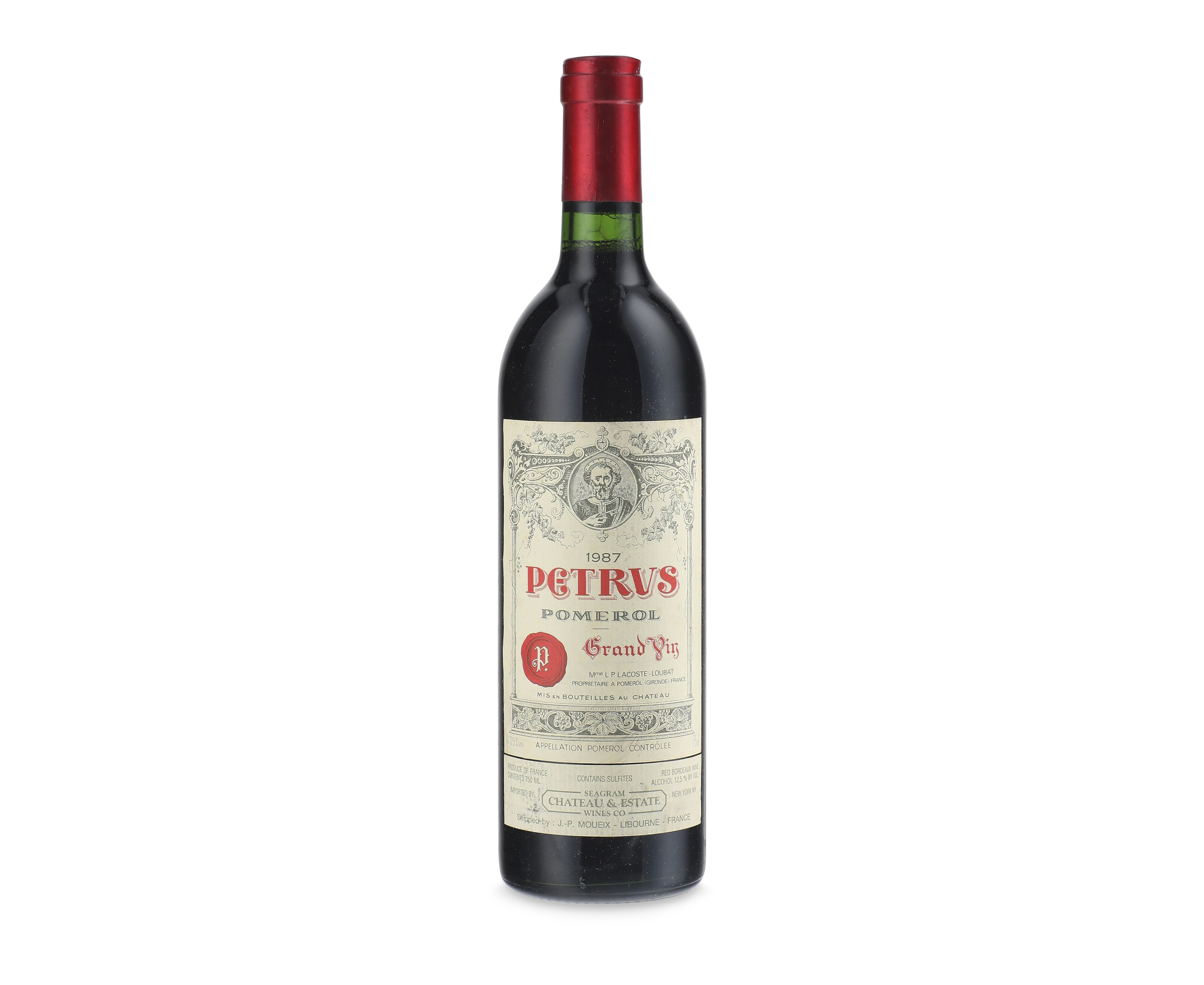 Petrus 1987, Pomerol u.bn or better, bin-soiled labels, 1 nicked label ...