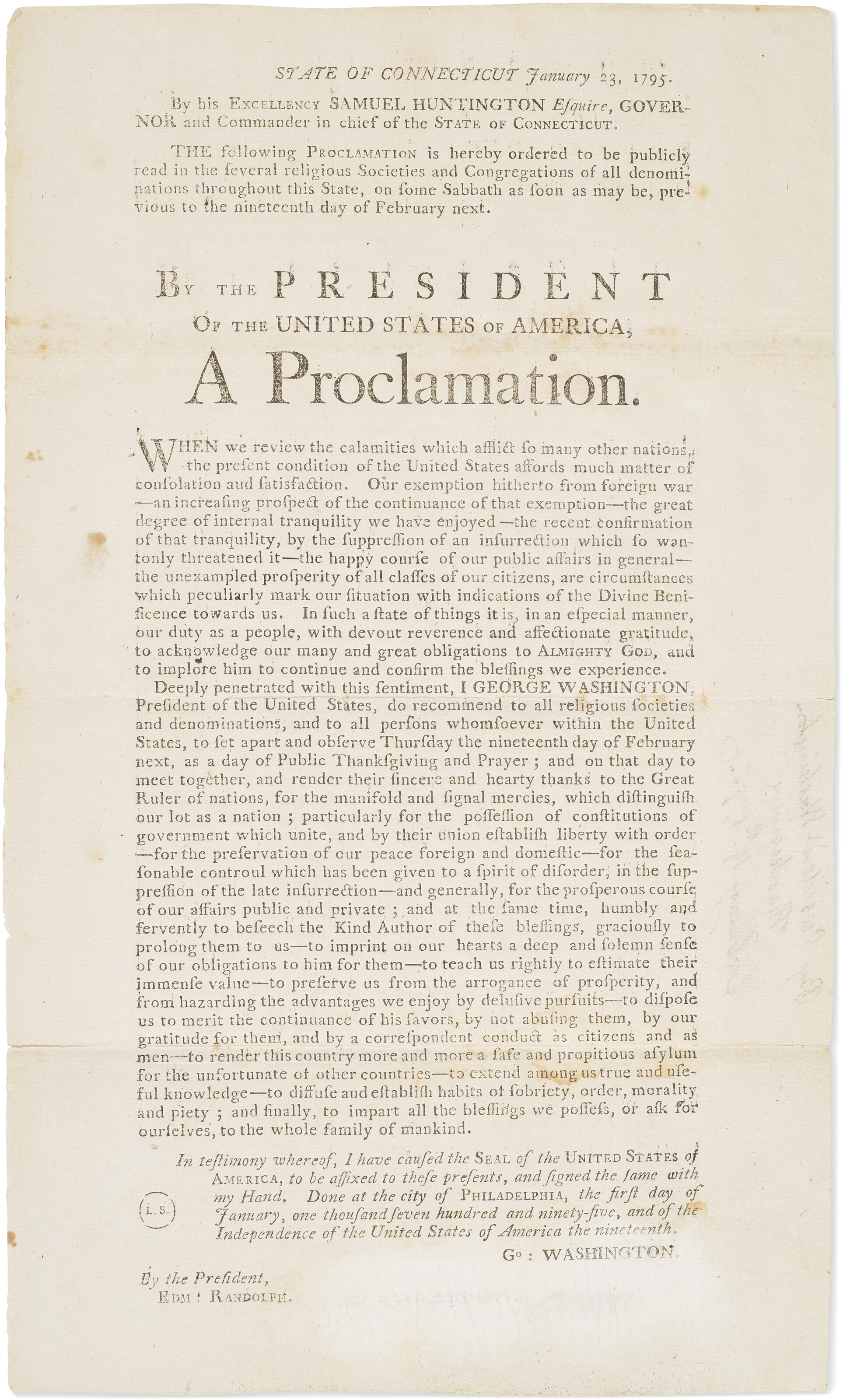 Proclamation of Thanksgiving at the end of the Whiskey Rebellion ...