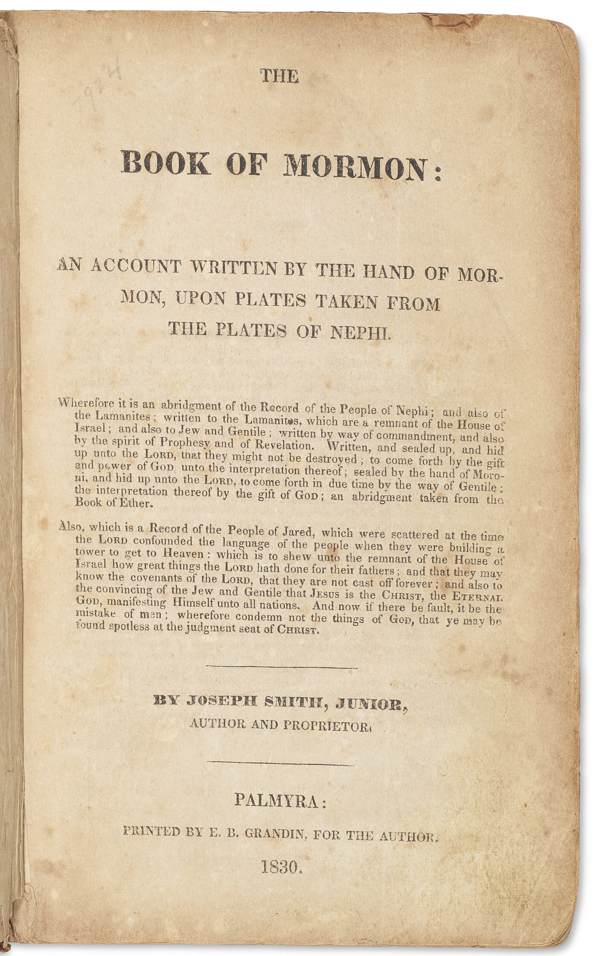The Book of Mormon, Joseph Smith, 1830 | Christie’s