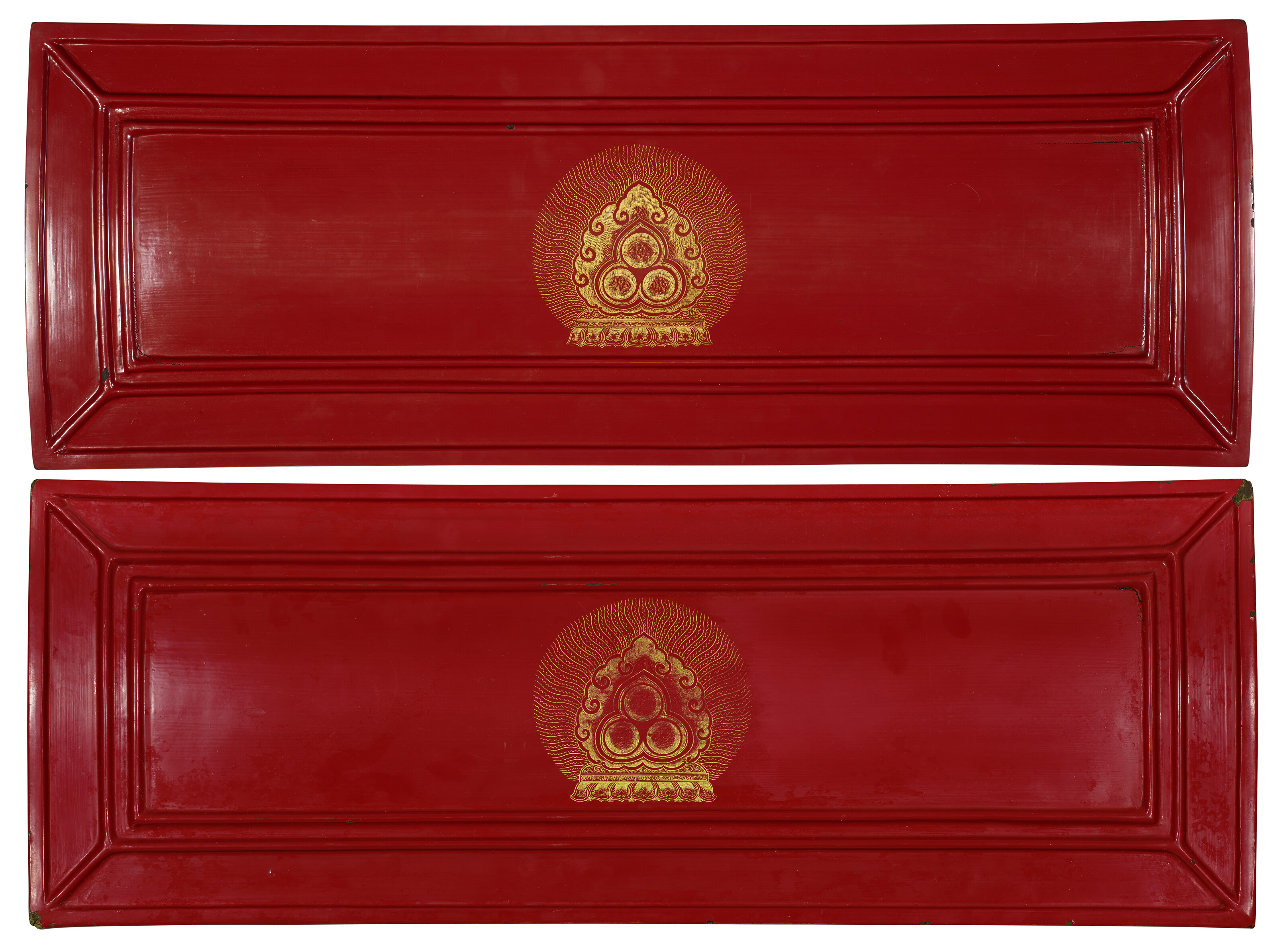 TWO QIANGJIN ENGRAVED AND GILT-DECORATED RED-LACQUERED WOOD SUTRA ...