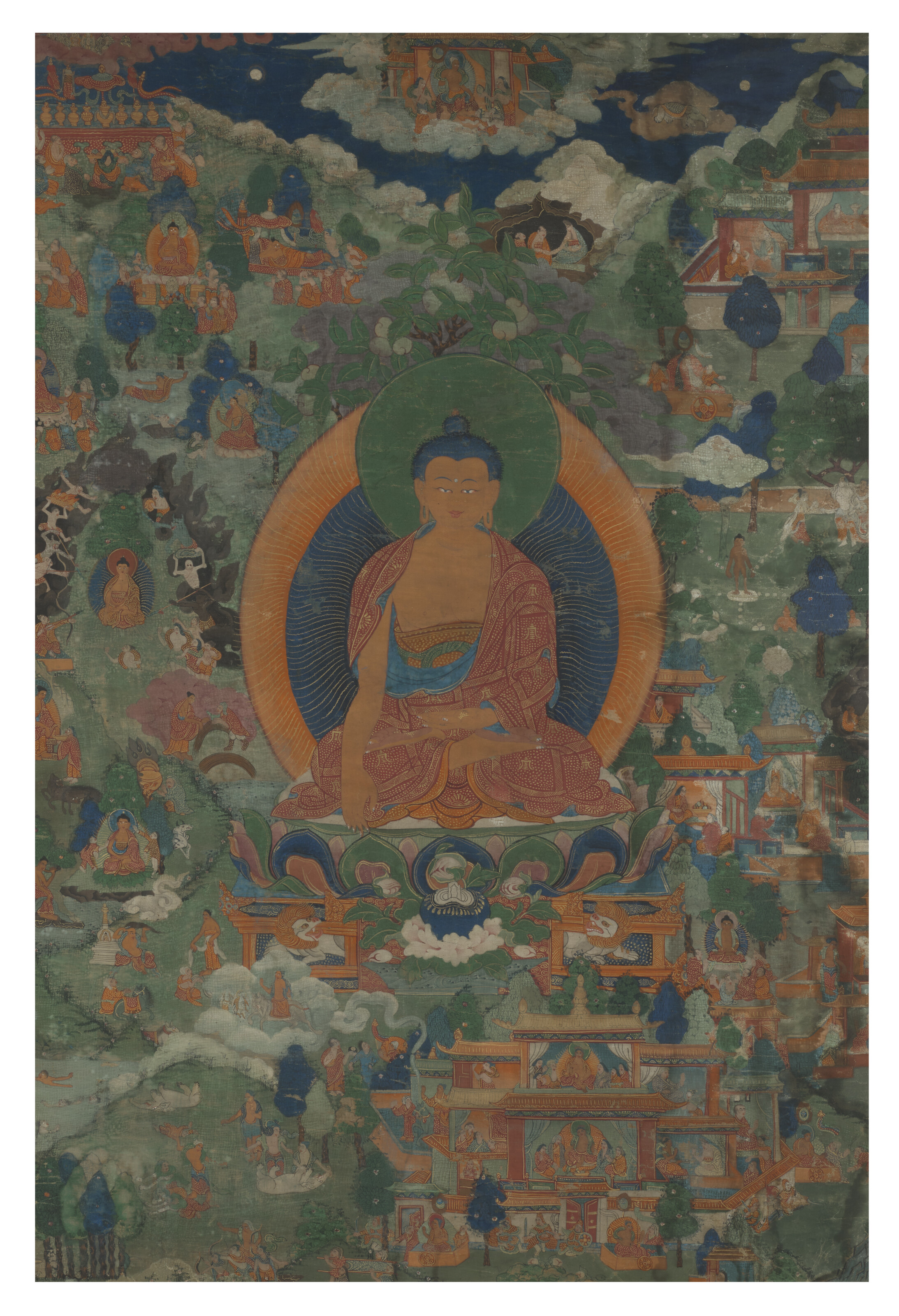 A PAINTING OF BUDDHA SHAKYAMUNI WITH AVADANA STORIES, TIBET, 18TH ...