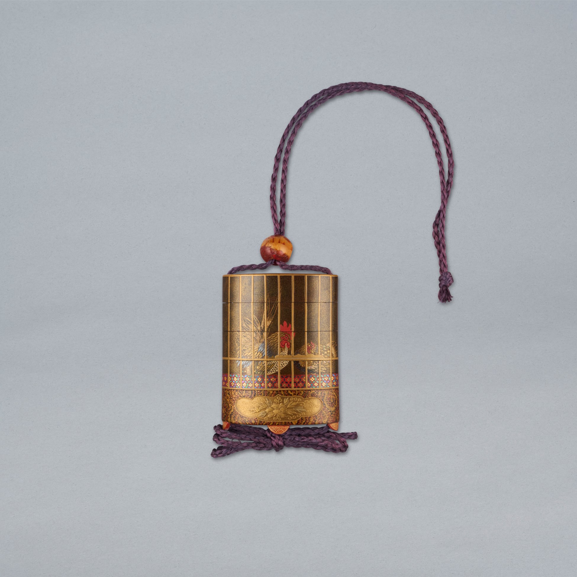 A FOUR-CASE LACQUER INRO WITH ROOSTERS AND HENS IN CAGE, EDO PERIOD ...