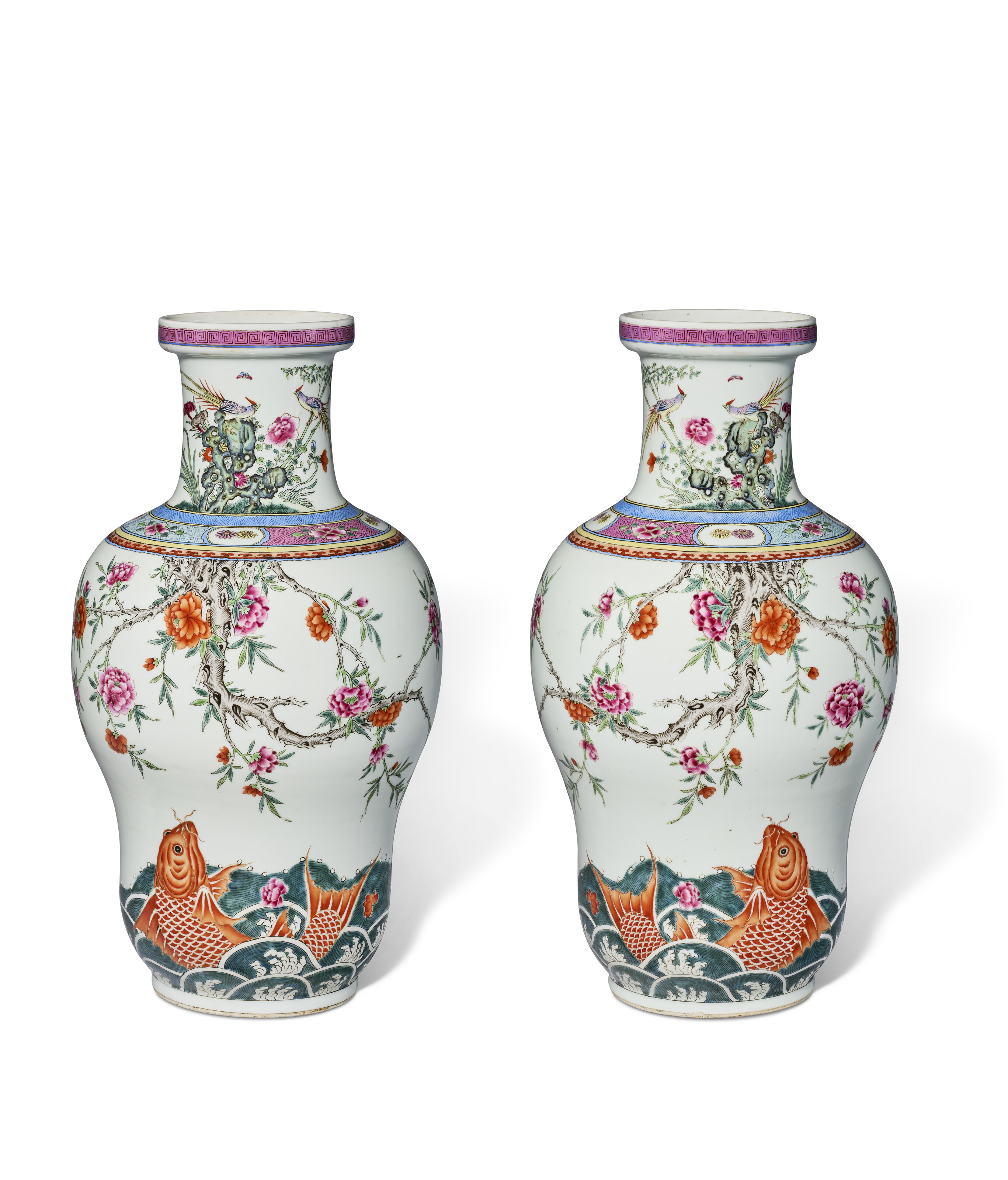 A PAIR OF FAMILLE ROSE 'CARP AND FLOWERING BRANCHES' VASES, CHINA ...
