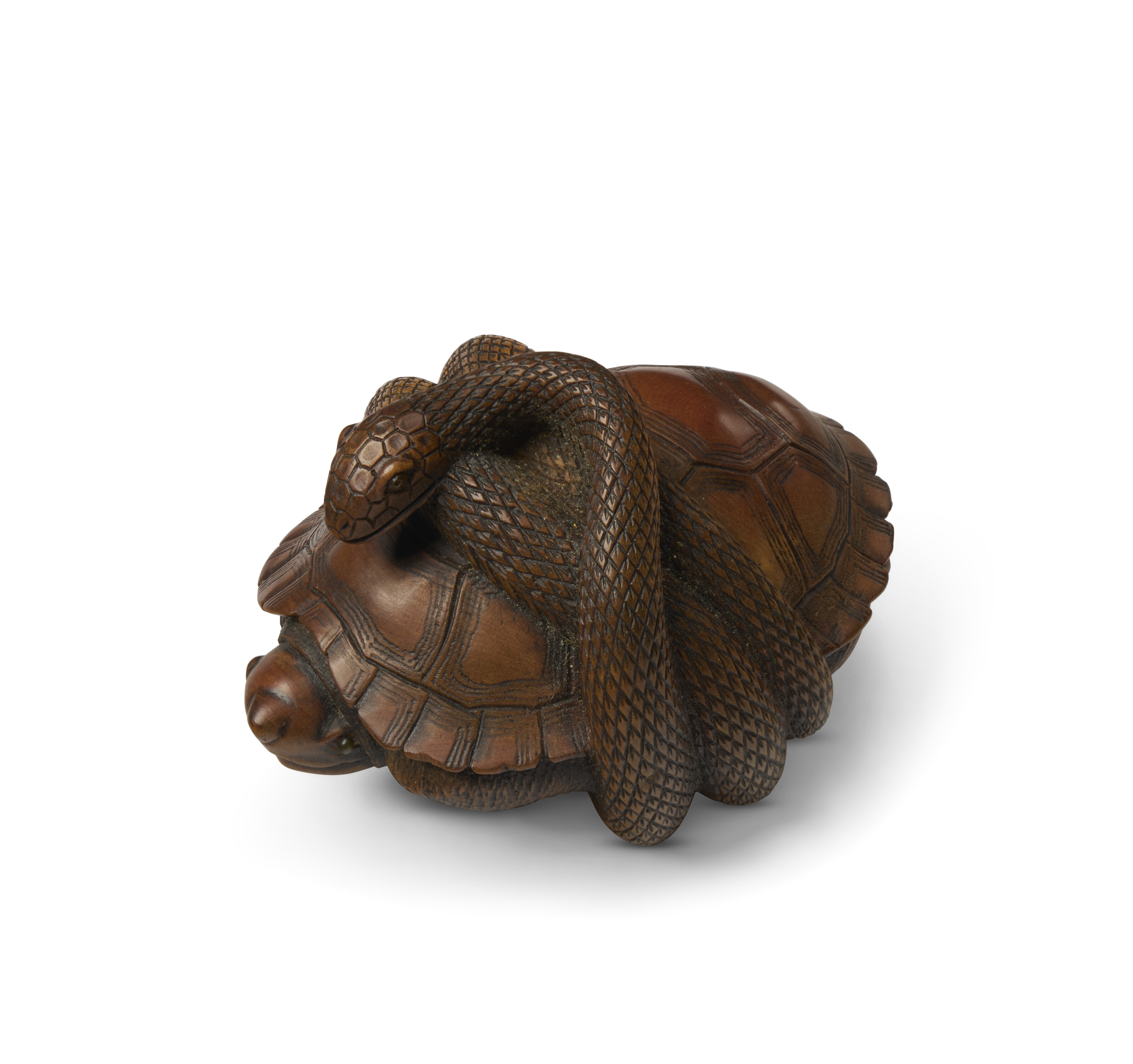 A CARVED WOOD NETSUKE OF A TORTOISE AND SNAKE, JAPAN, EDO-MEIJI PERIOD ...
