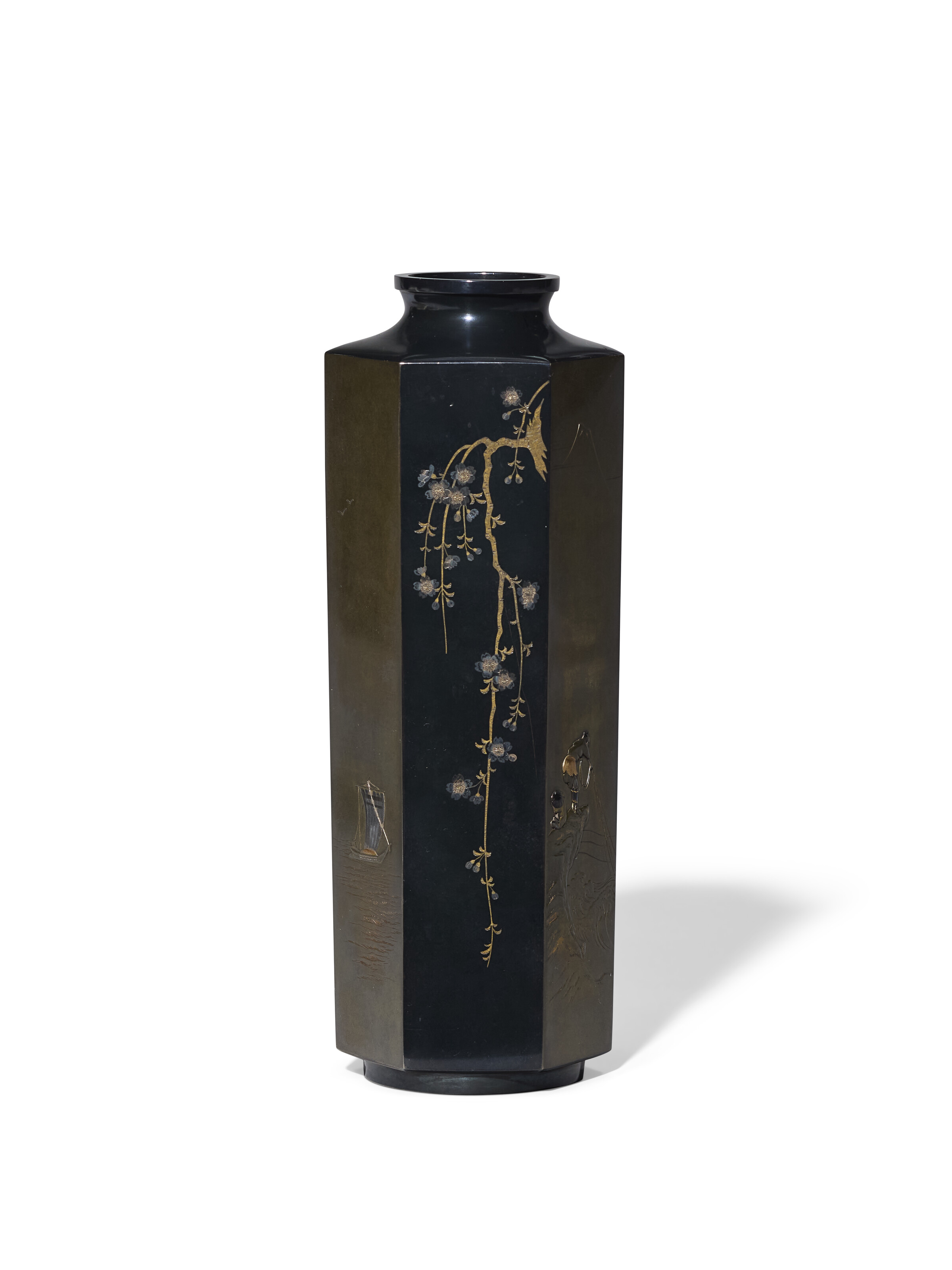 A HEXAGONAL SOFT-METAL-INLAID SHIBUICHI AND SHAKUDO VASE, JAPAN, MEIJI ...