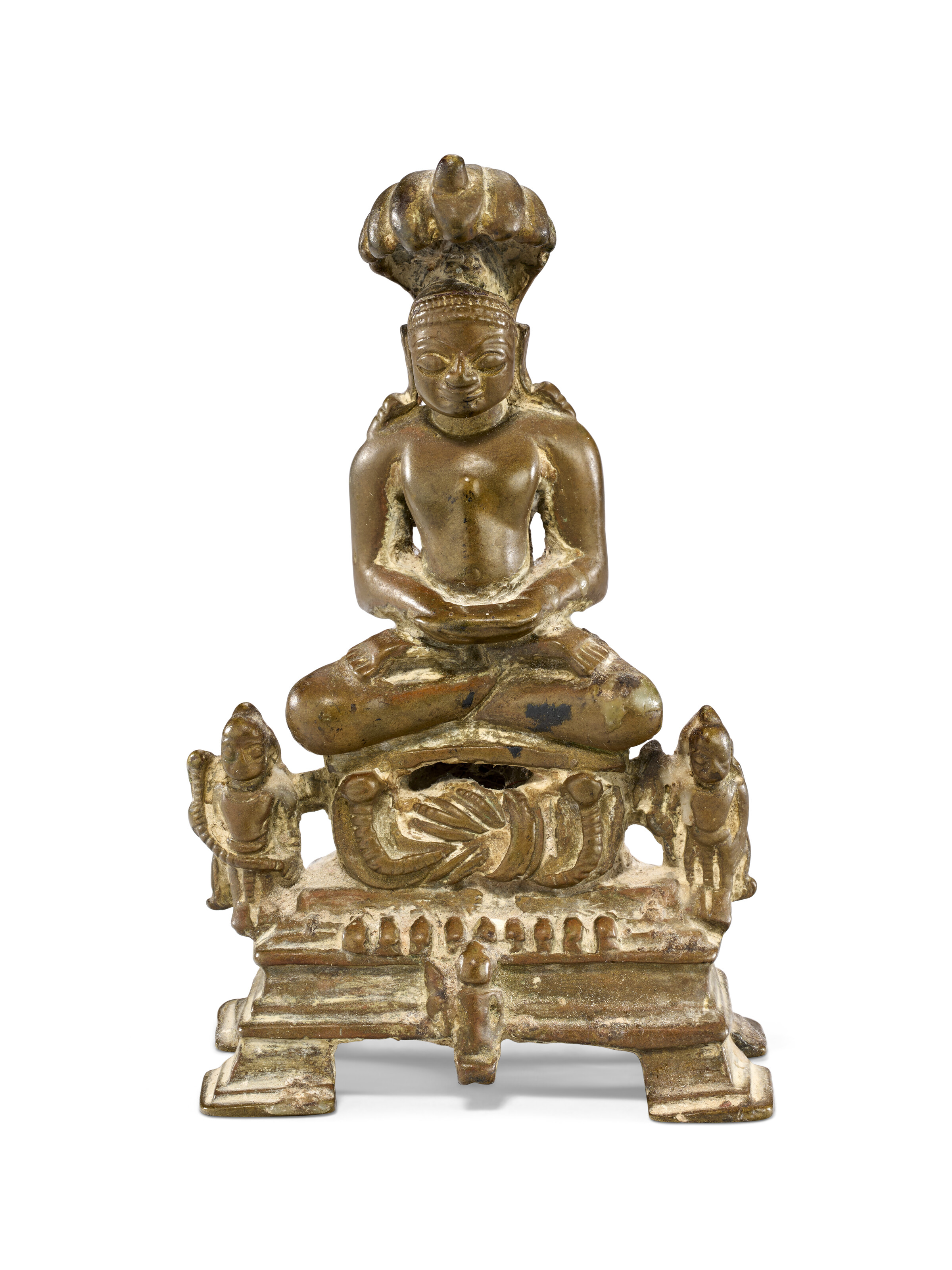 A BRONZE FIGURE OF JINA PARSHVANATHA, INDIA, GUJARAT, DATED 1518 ...