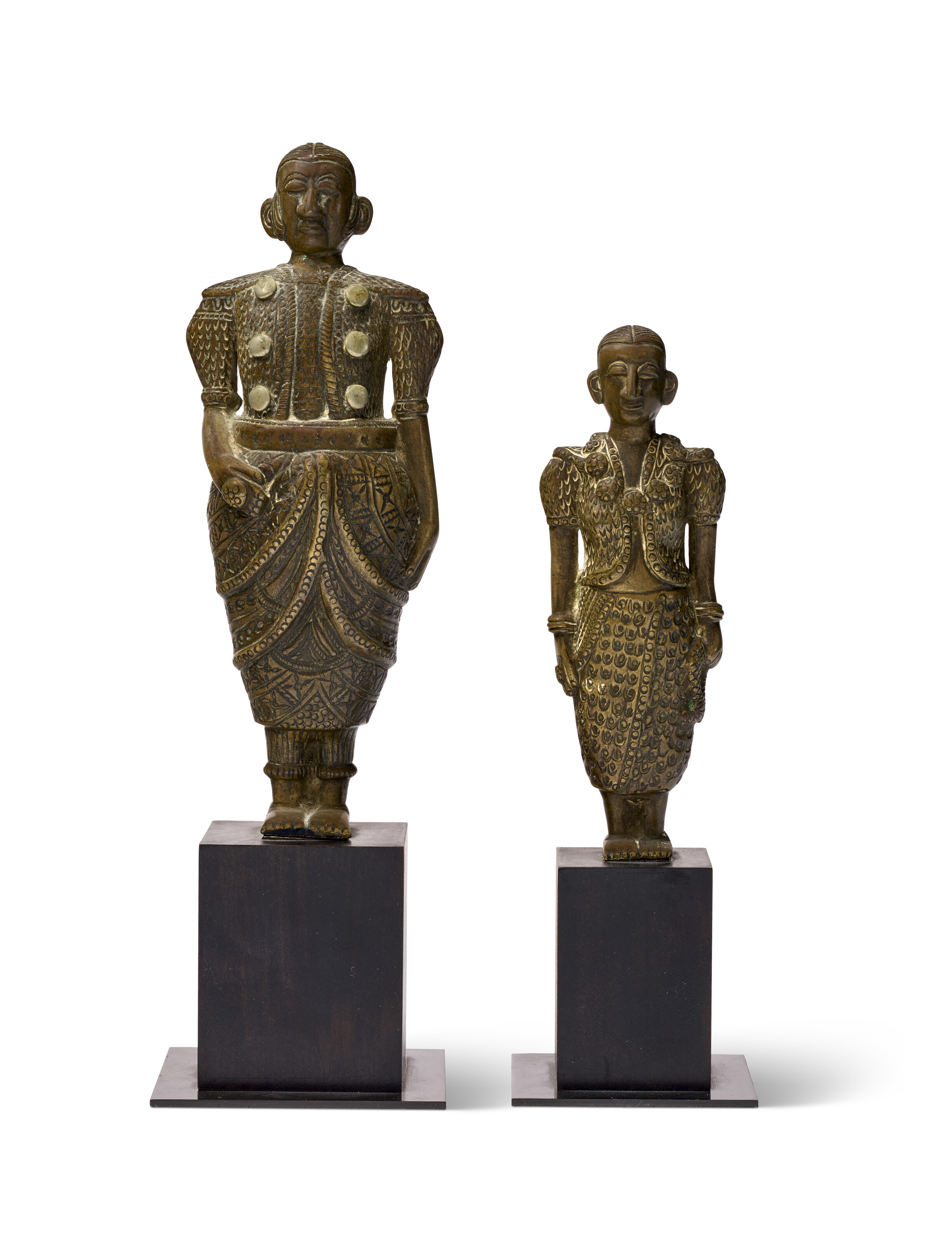 A PAIR OF SILVER-INLAID BRONZE FIGURES OF KANDY OFFICIALS, SRI LANKA ...