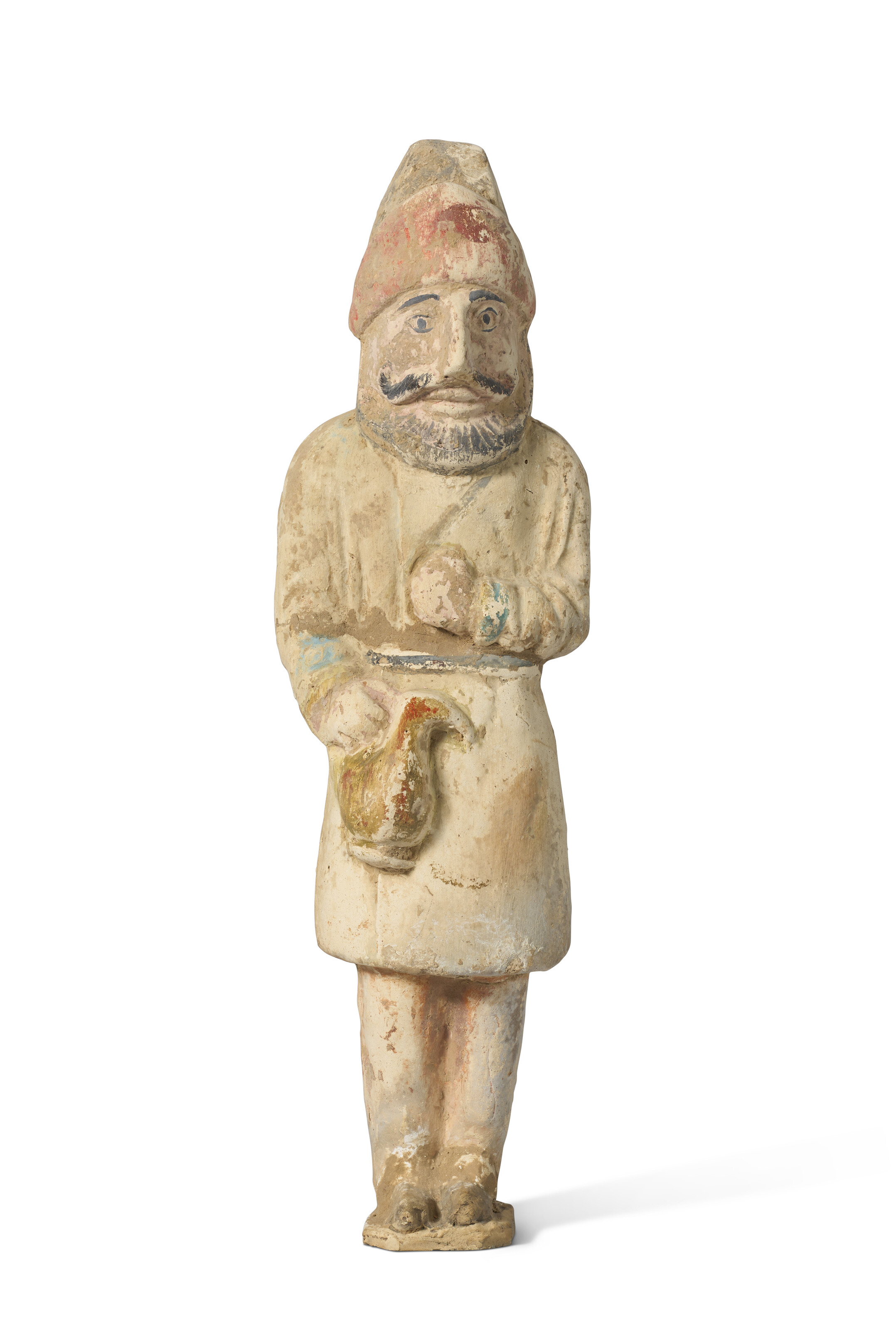 A PAINTED POTTERY FIGURE OF A BEARDED FOREIGN MERCHANT, CHINA, TANG ...