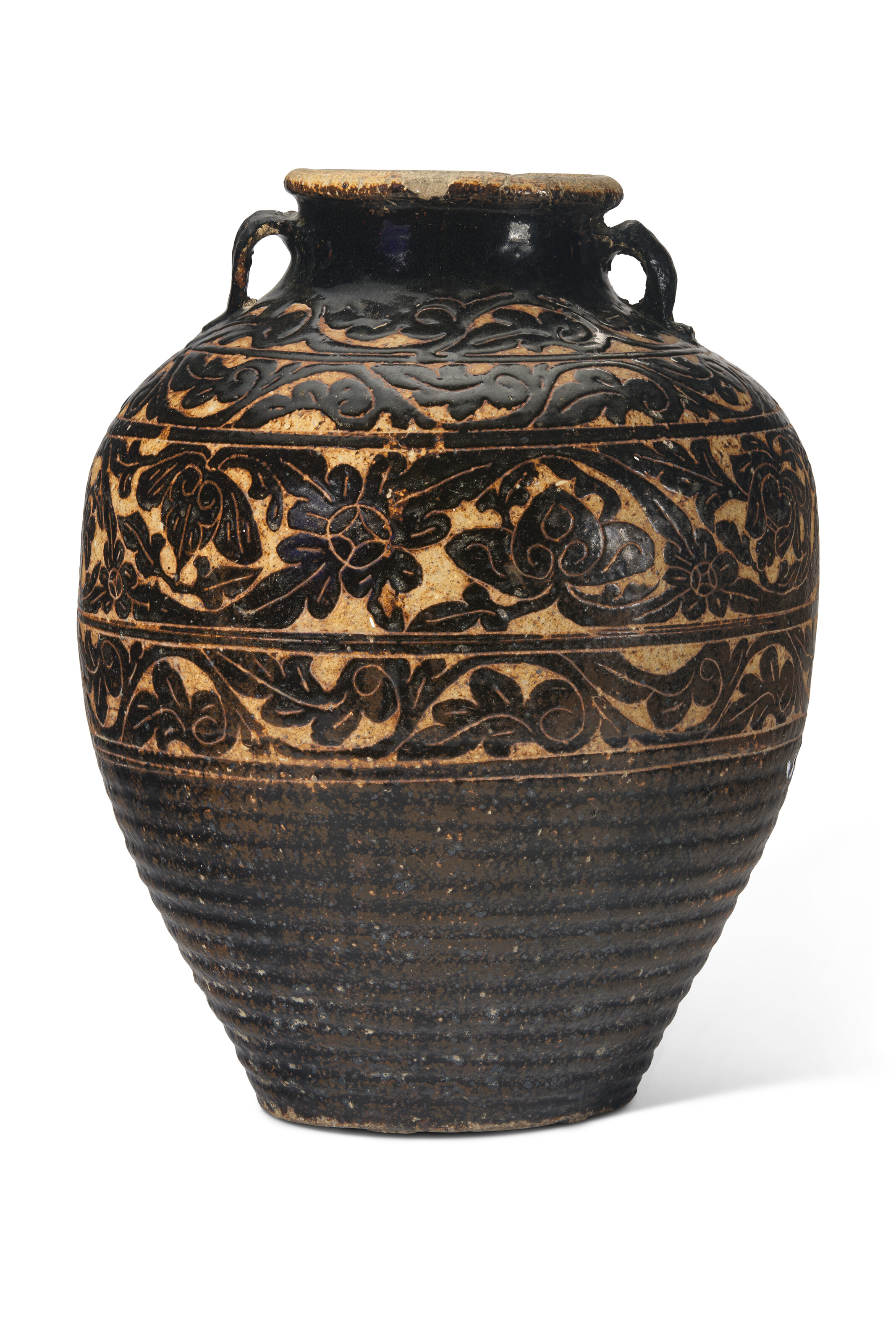 A LARGE CARVED CIZHOU BLACKISH-BROWN-GLAZED OVOID FLORAL JAR, CHINA ...