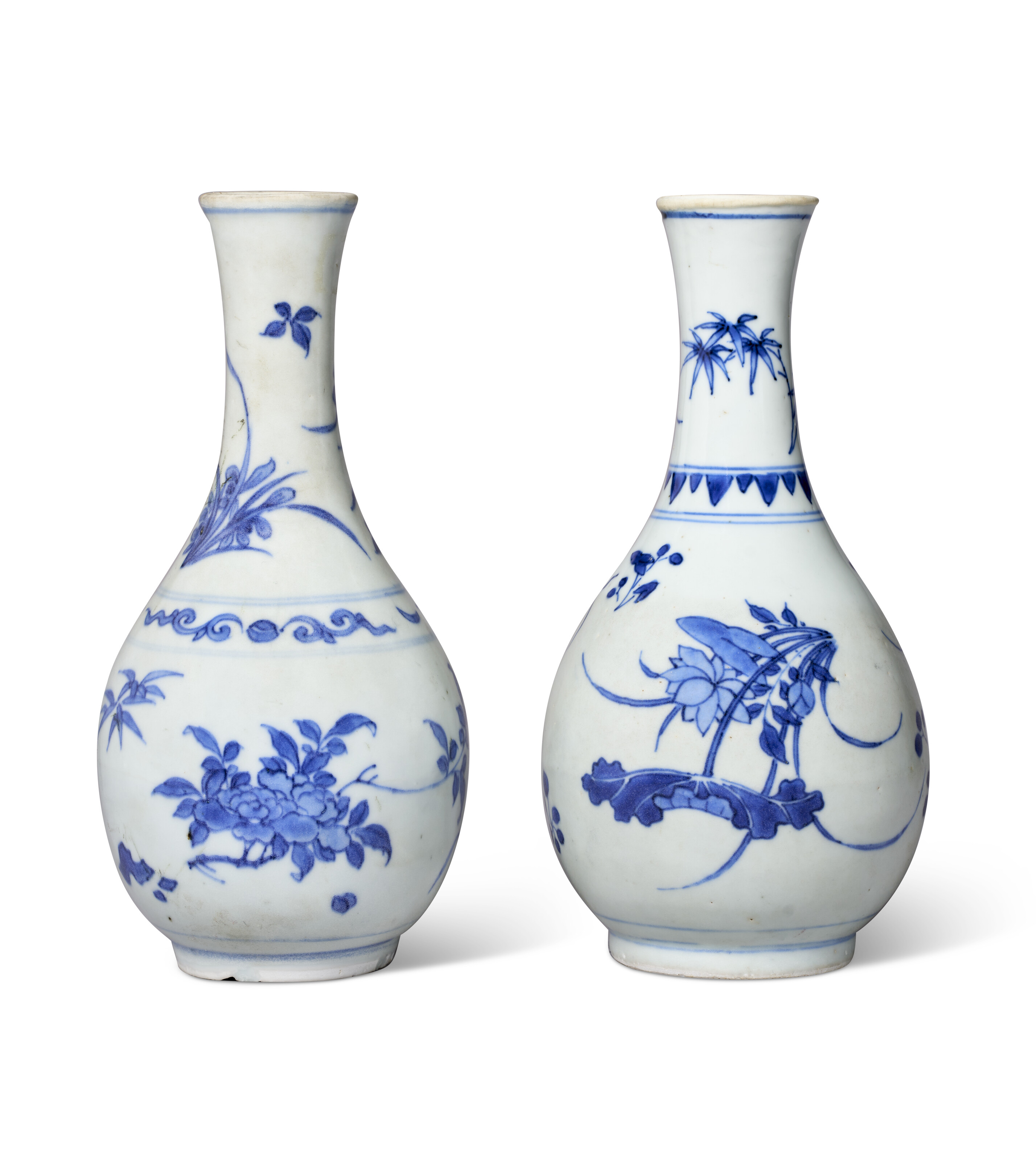 TWO BLUE AND WHITE PEAR-SHAPED VASES, CHINA, LATE MING DYNASTY, CIRCA ...