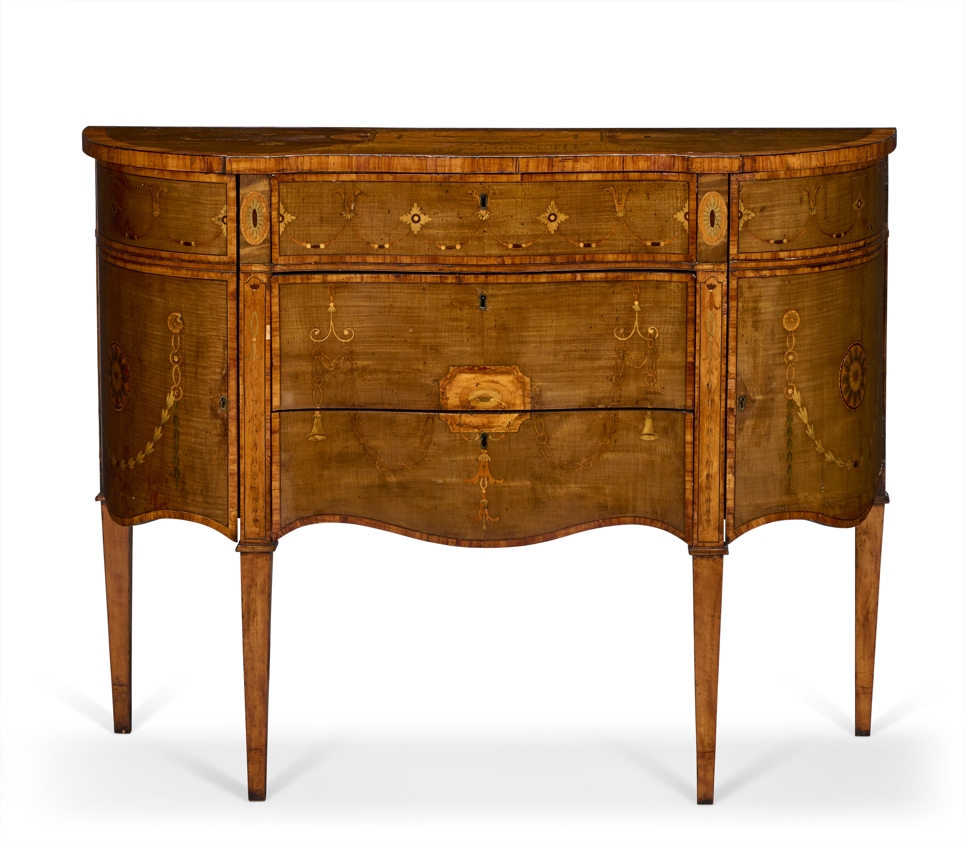 A GEORGE III HAREWOOD, SYCAMORE AND MARQUETRY COMMODE, ATTRIBUTED TO ...