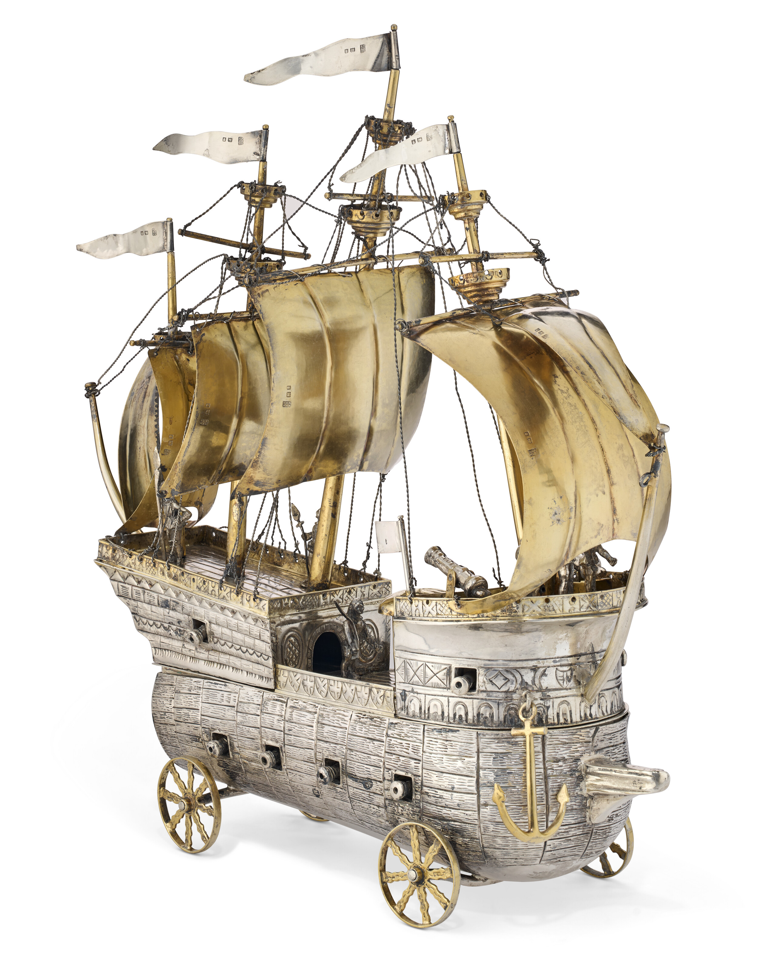 A GEORGE V PARCEL-GILT SILVER NEF, MARK OF THE PAIRPOINT BROTHERS ...