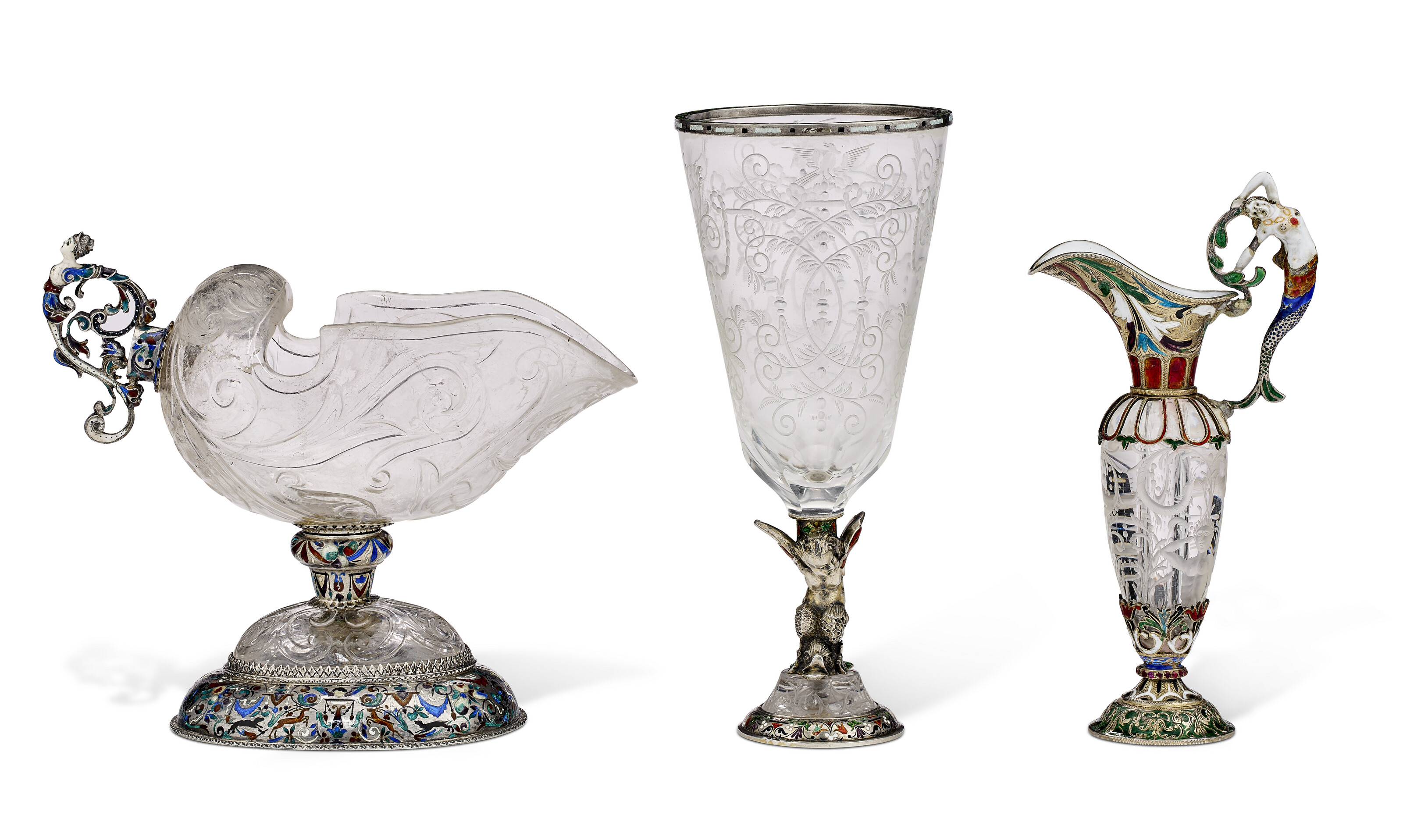 A GROUP OF THREE AUSTRIAN SILVER AND ENAMEL-MOUNTED ROCK CRYSTAL ...