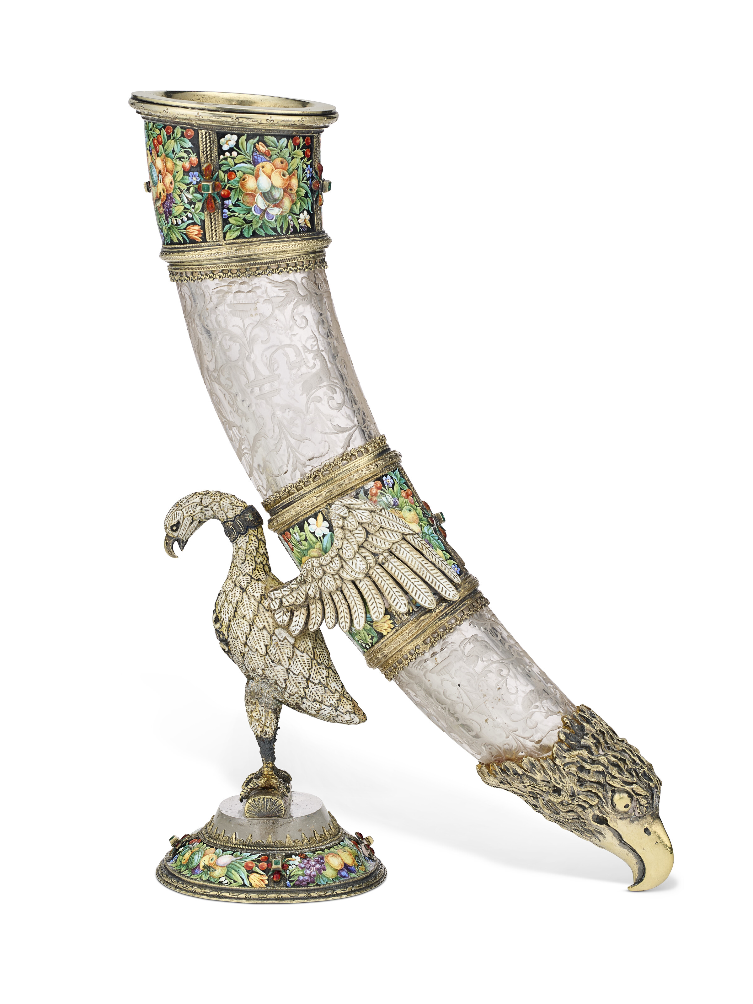 AN AUSTRIAN SILVER AND ENAMEL-MOUNTED ROCK CRYSTAL CORNUCOPIA, CIRCA ...