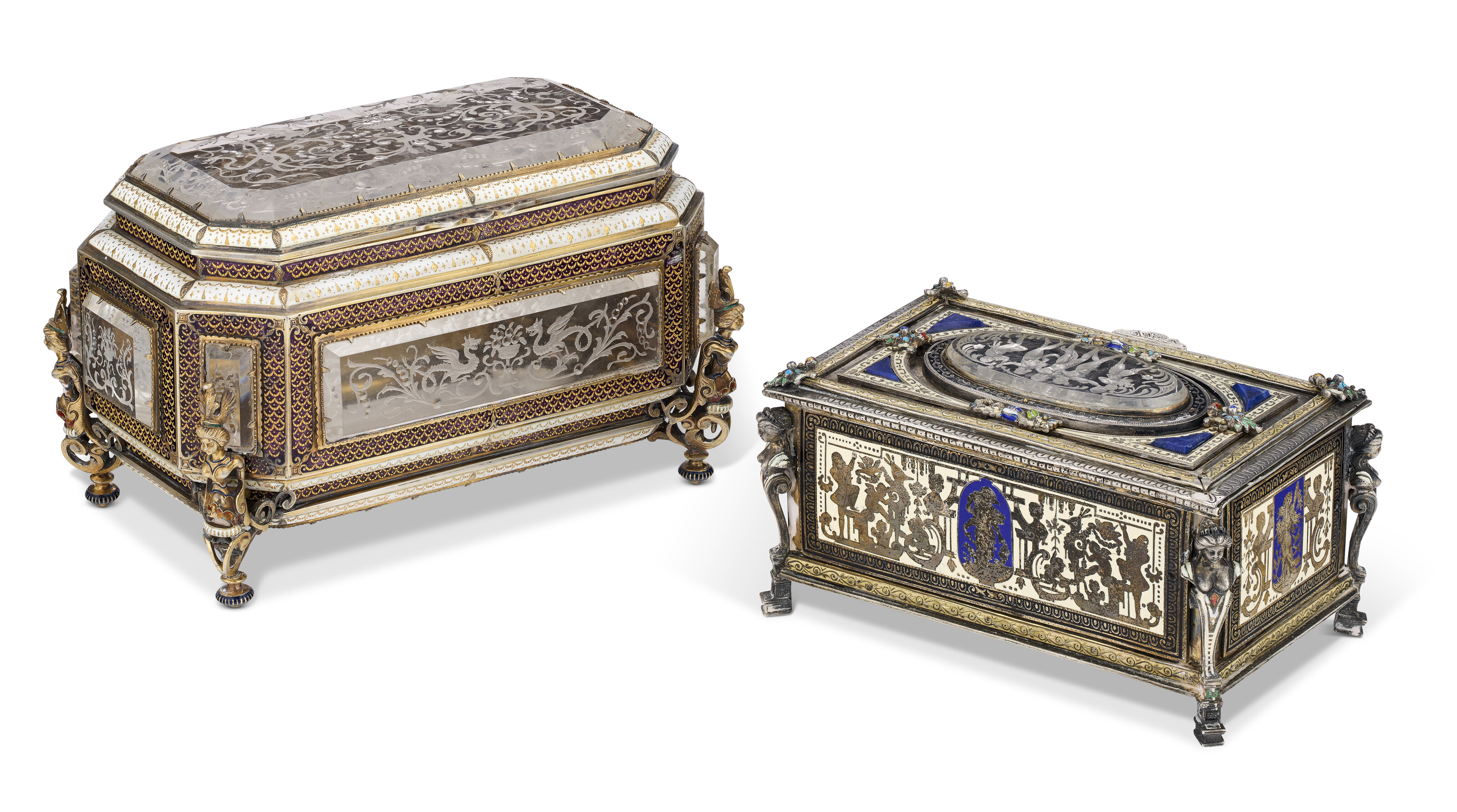 TWO AUSTRIAN SILVER AND ENAMEL-MOUNTED ROCK CRYSTAL TABLE CASKETS ...