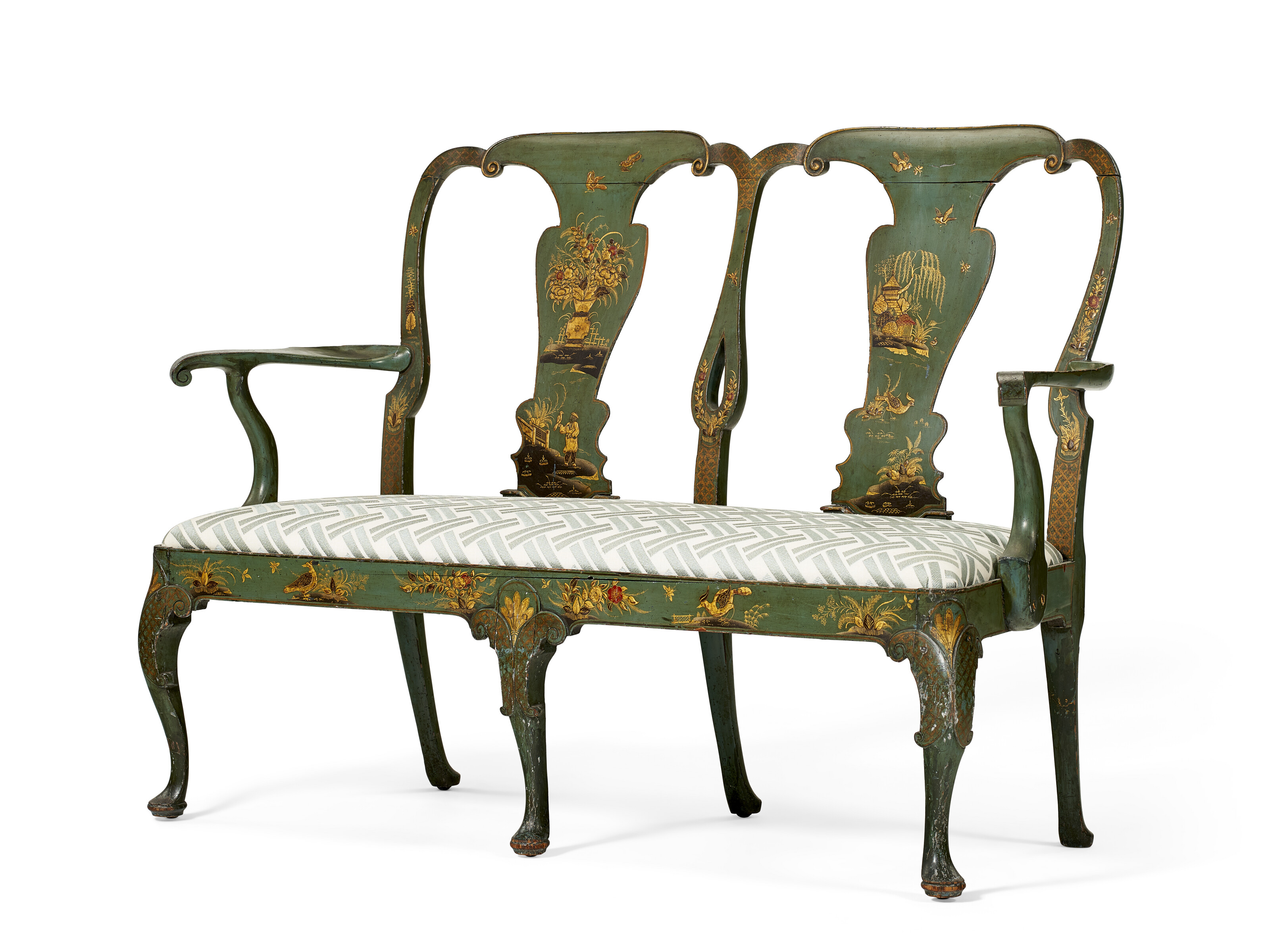 A GEORGE II GILT AND POLYCHROME-JAPANNED SETTEE, CIRCA 1730, THE ...